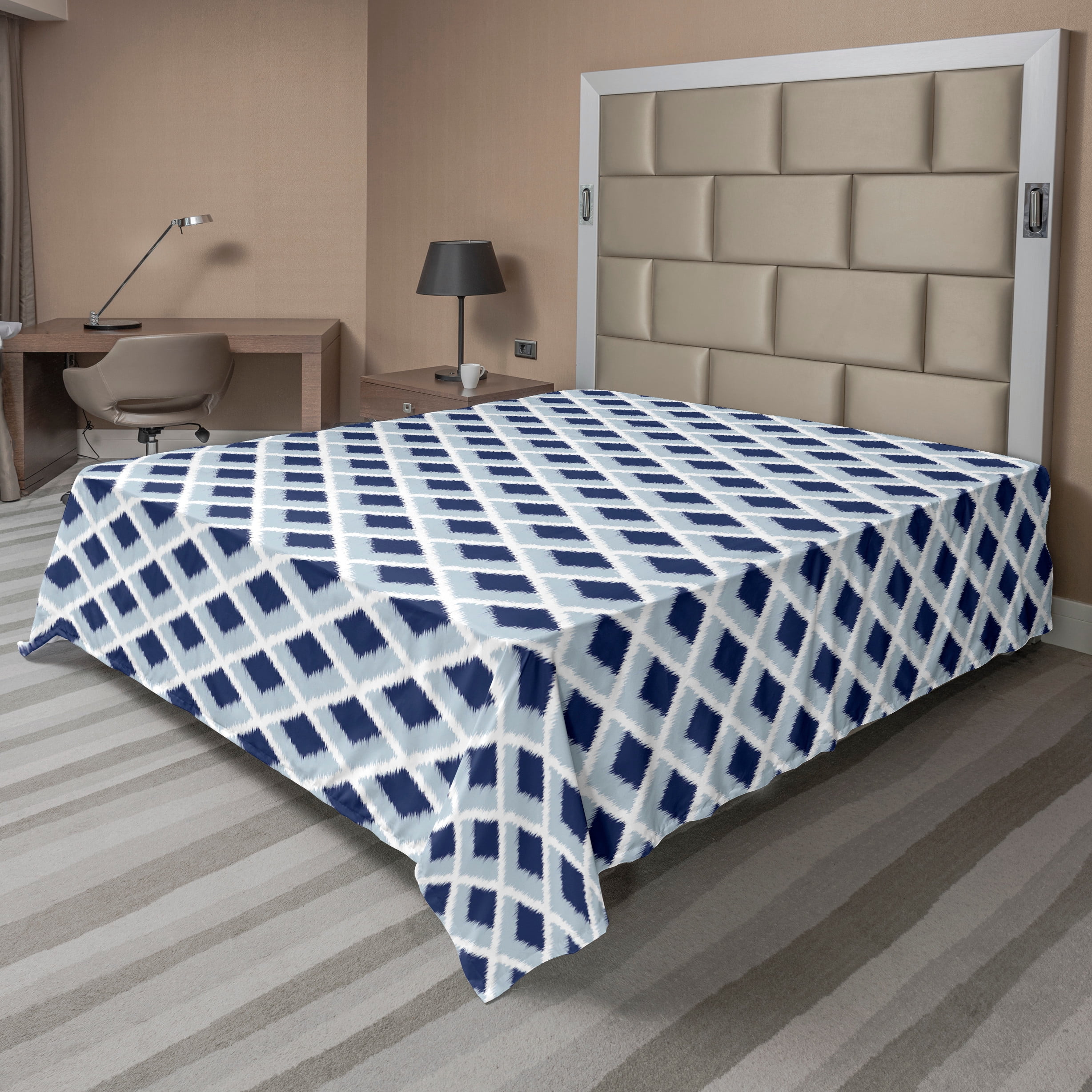Ambesonne Ethnic Flat Sheet, Blue Toned Ikat Modern, Full Size, Pale ...