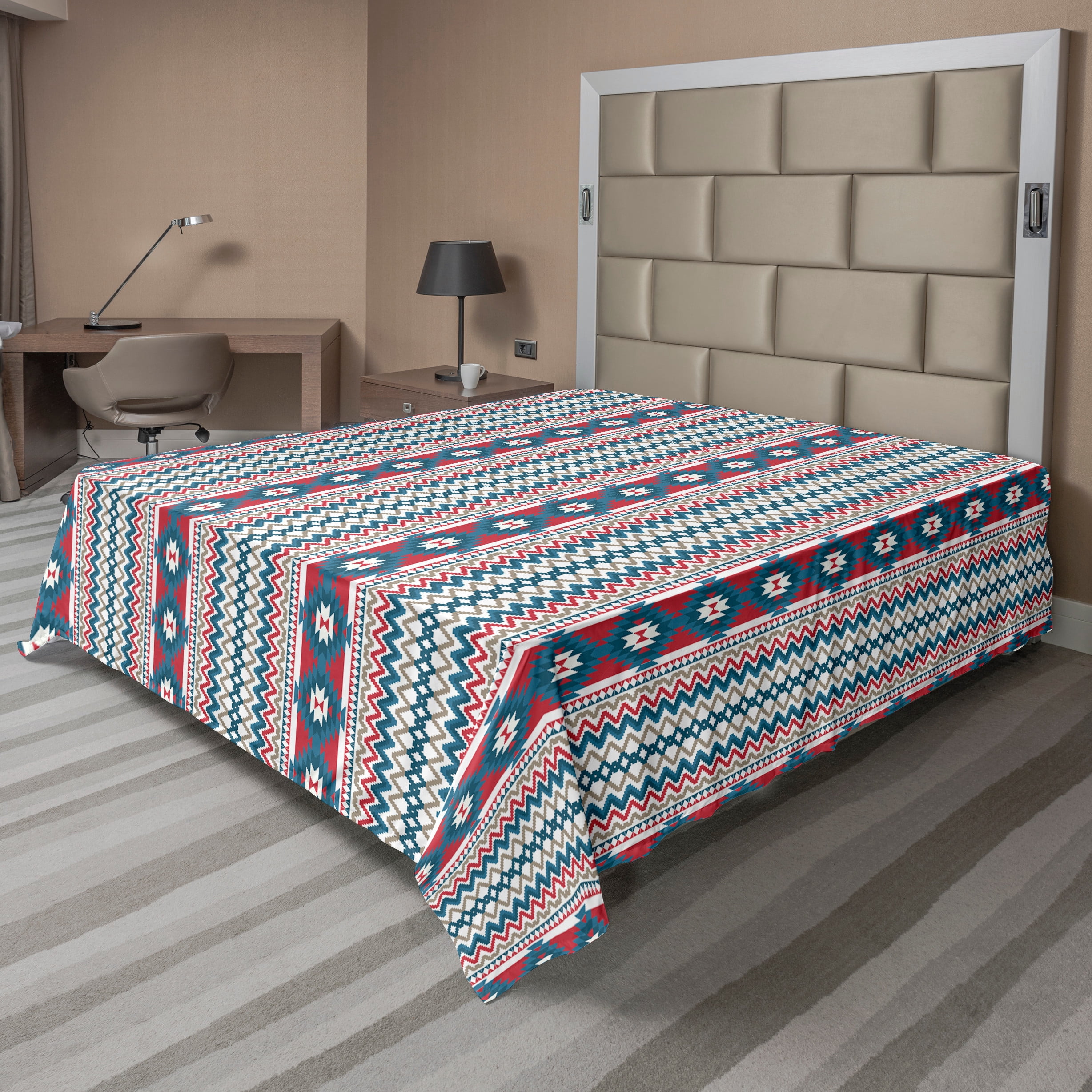 Ambesonne Ethnic Flat Sheet, Native Old Motifs, Full Size, Dark Coral ...