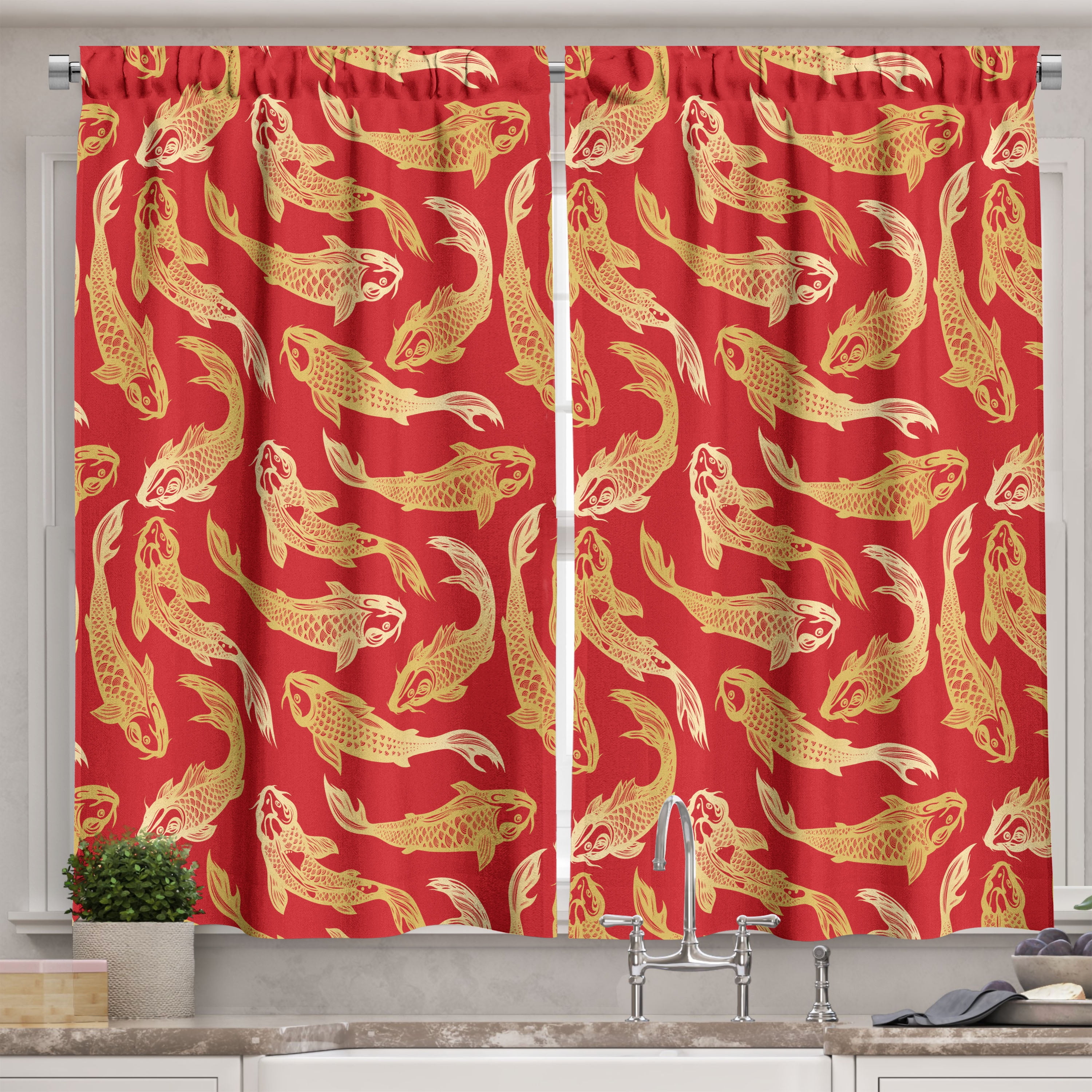 Ambesonne Ethnic Kitchen Curtains, Asian Koi Carp Fish Pattern, 55"x24 ...