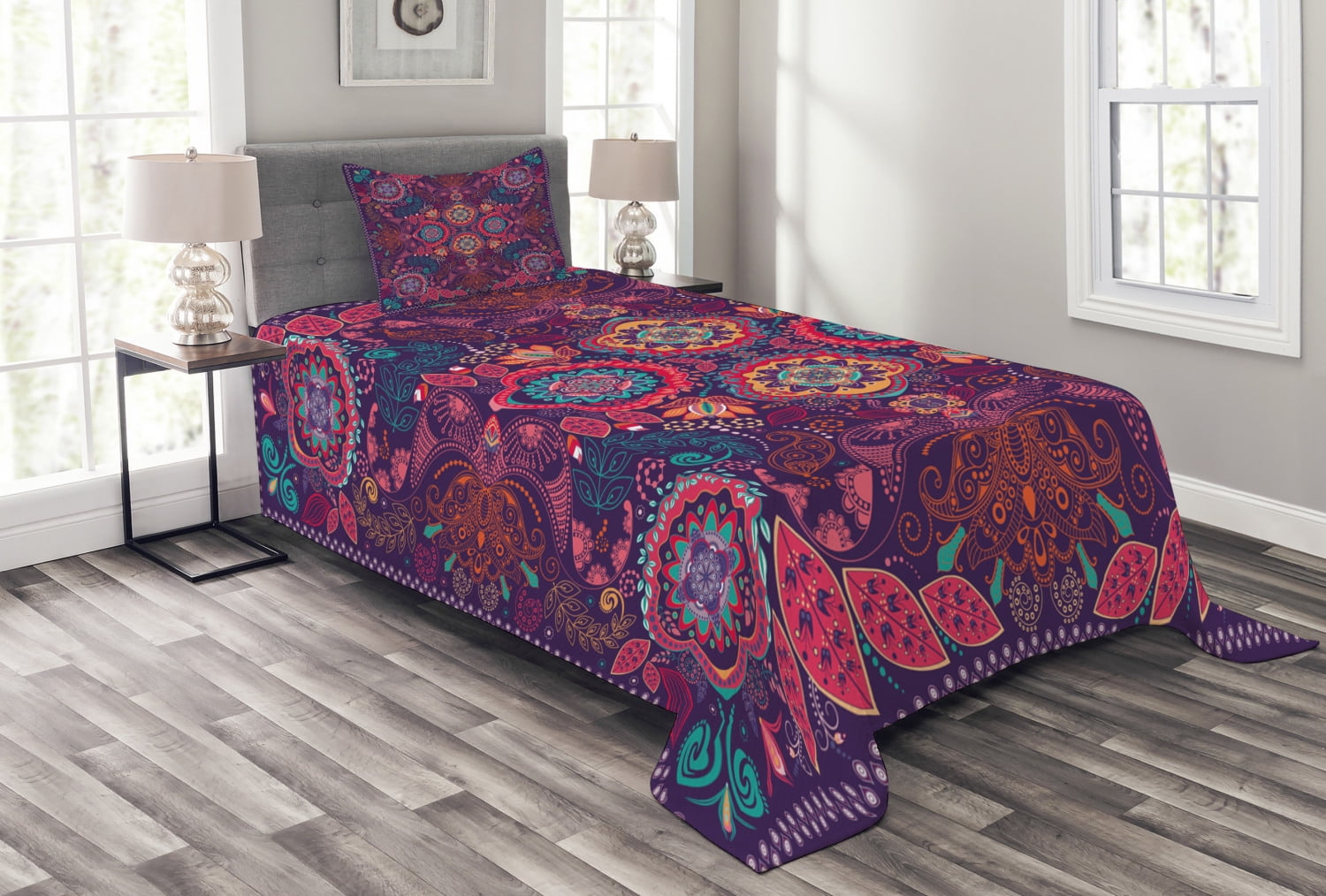 Ambesonne Ethnic Quilted Bedspread Set 2 Pcs, Modern Paisley Dot Leaf ...