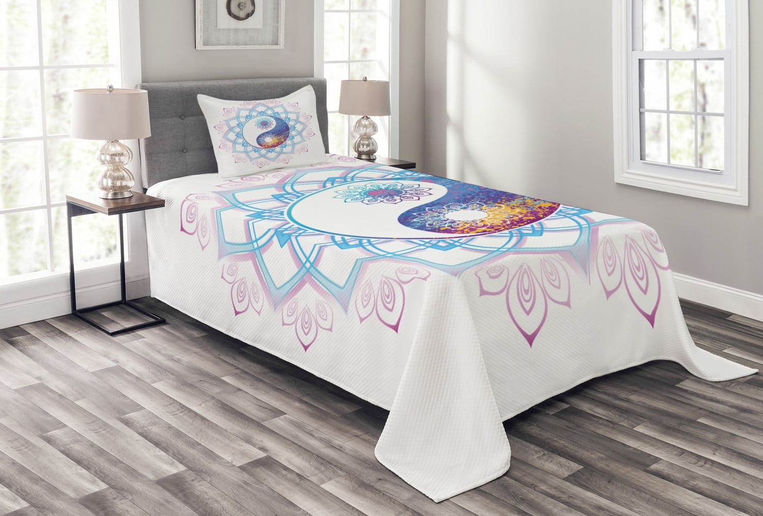 Ambesonne Ethnic Quilted Bedspread Set 2 Pcs, Yin Yang Swirls, Twin ...