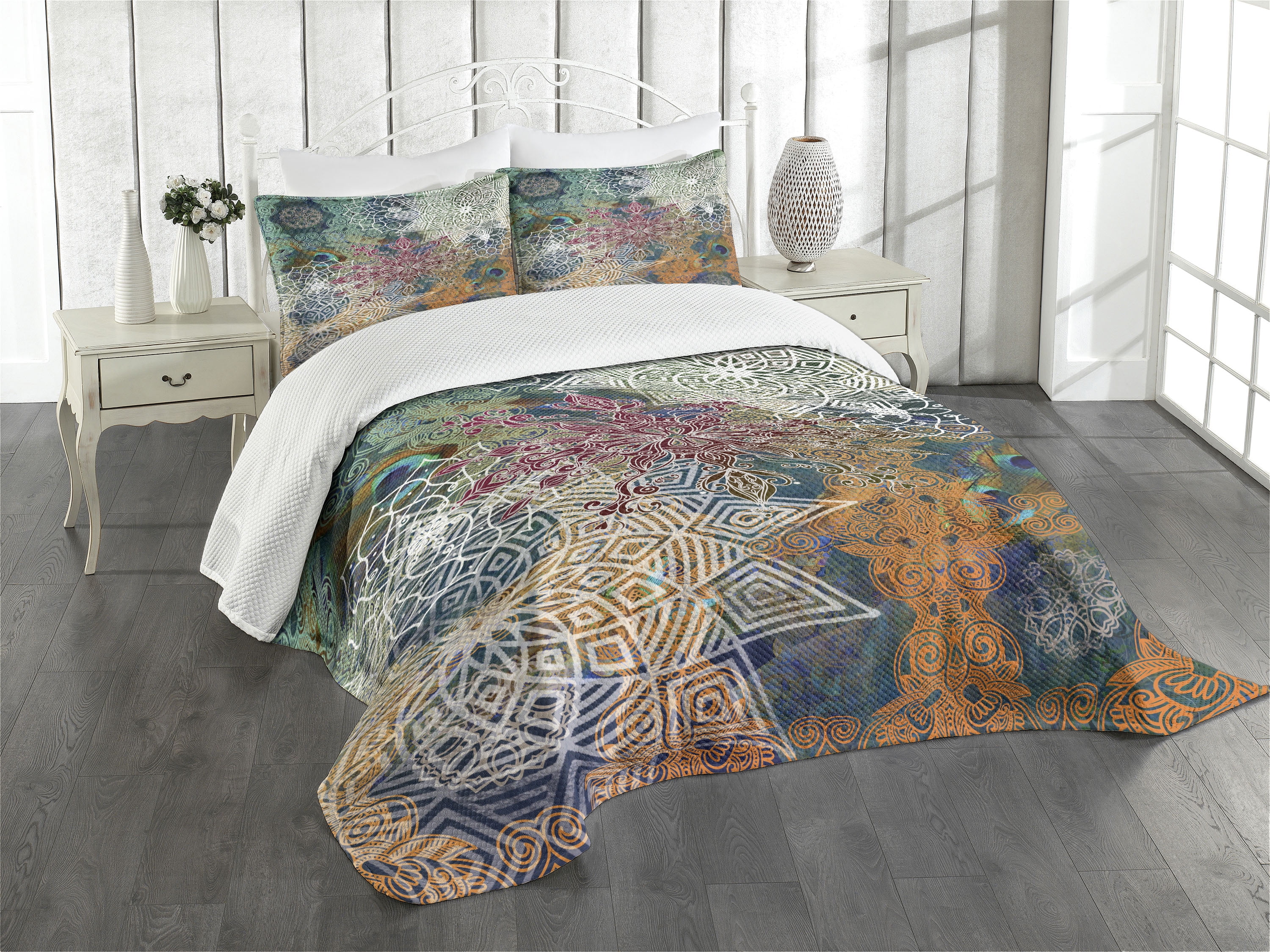 Ambesonne Ethnic Quilted Bedspread Set 3 Pcs, Mandala and Peacock ...