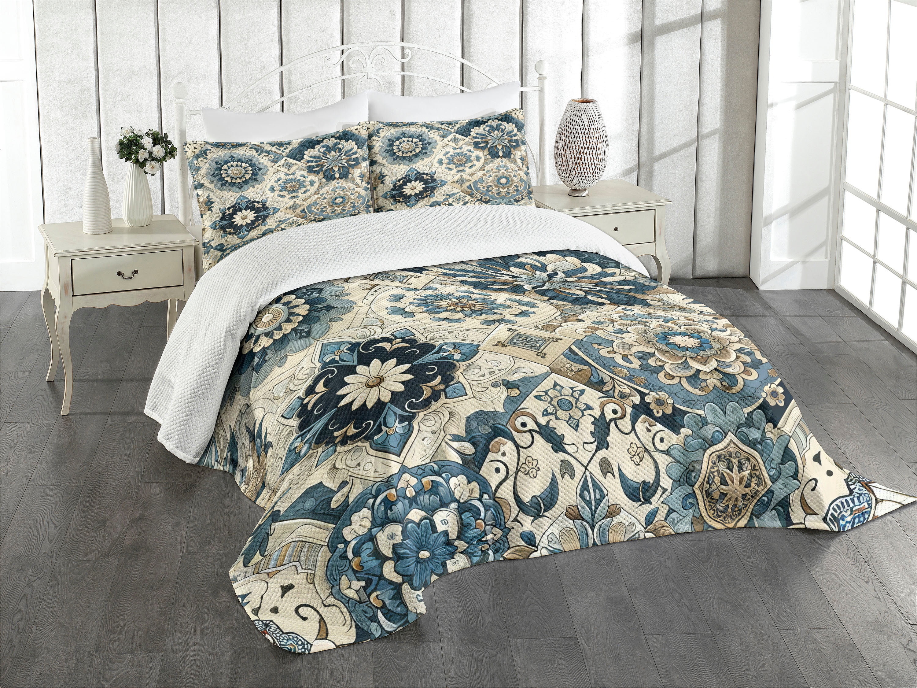 Ambesonne Ethnic Quilted Bedspread Set 3 Pcs, Mosaic Look Azulejo ...