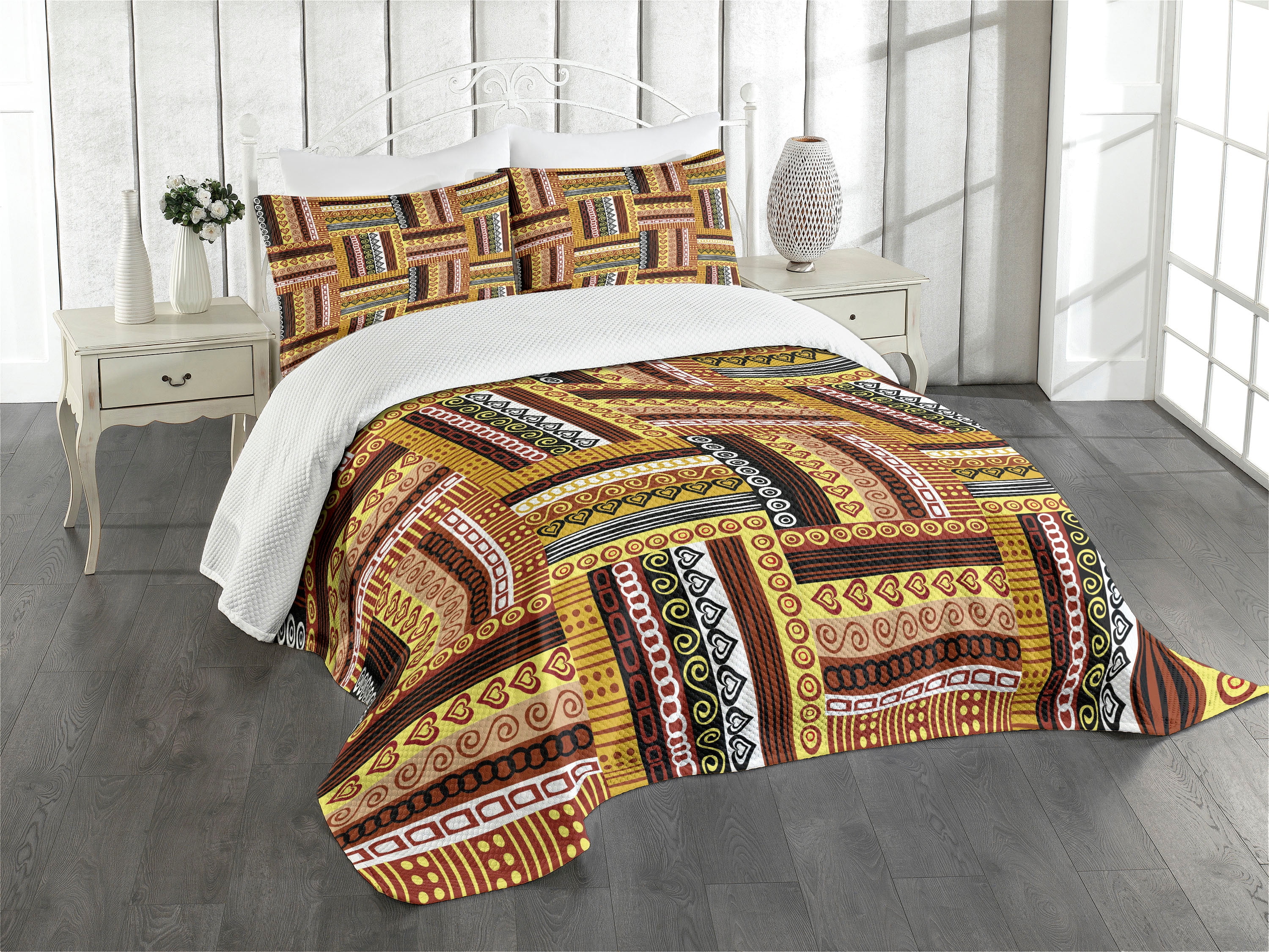 Ambesonne Ethnic Quilted Bedspread Set 3 Pcs, Oriental Motifs, Queen ...