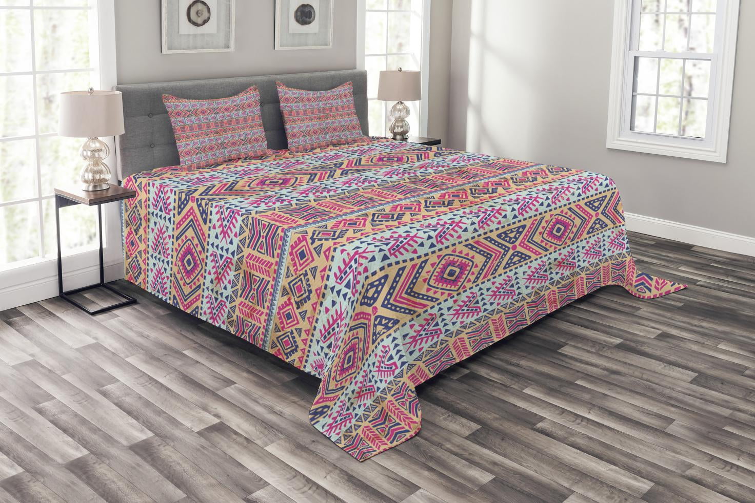 Ambesonne Ethnic Quilted Bedspread Set 3 Pcs, Retro Spring Aztec Art ...