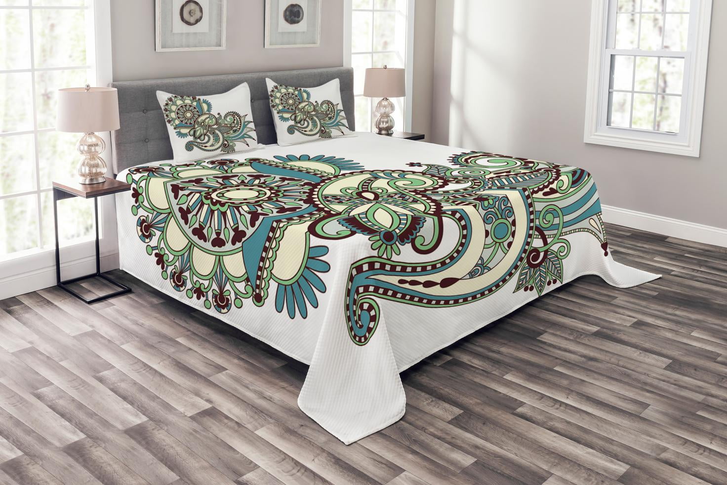 Ambesonne Ethnic Quilted Bedspread Set 3 Pcs, Traditional Ornate Flower ...