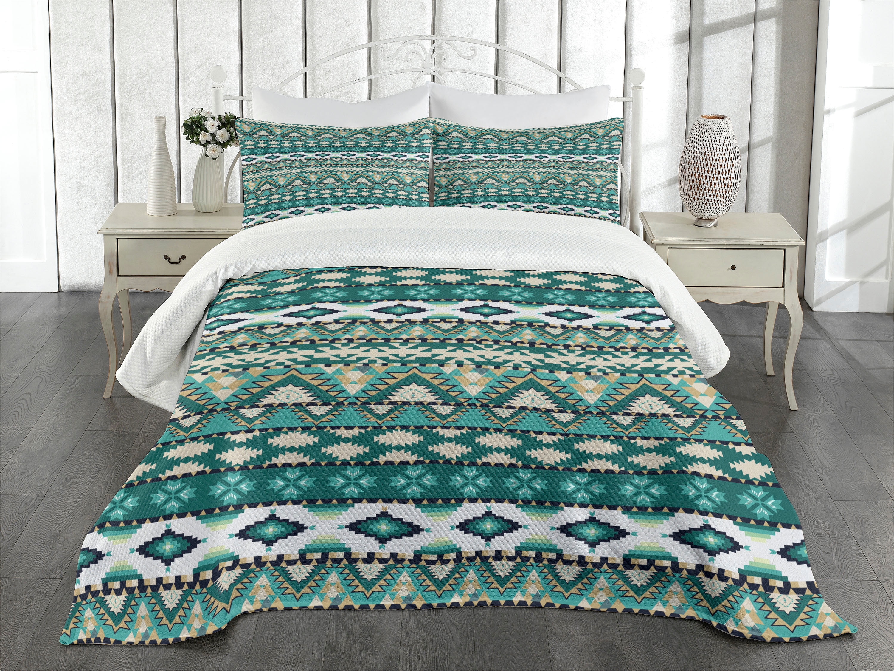 Ambesonne Ethnic Quilted Bedspread Set 3 Pcs, Winter Aztec Forms Design ...