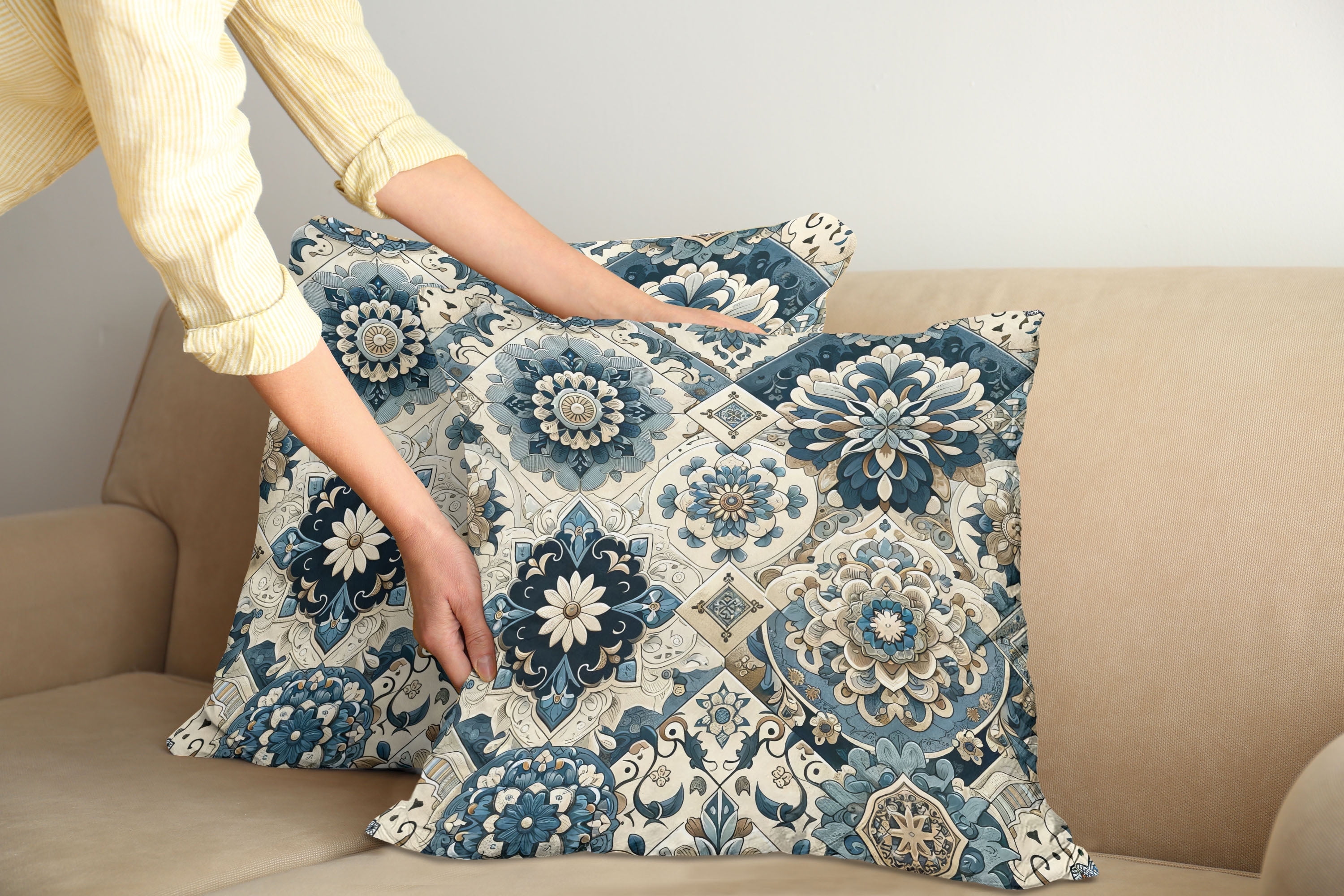 Ambesonne Ethnic Throw Pillow Cover Pack of 2, Mosaic Look Azulejo Inspired, 2 Pcs-18"x18", Off ...