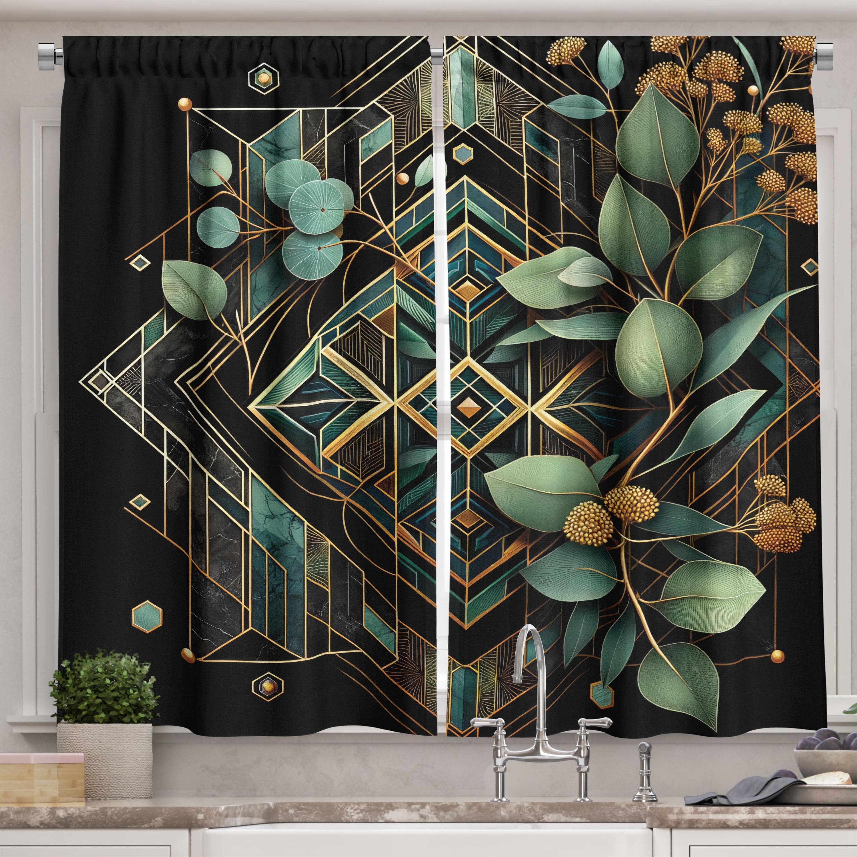 Ambesonne Eucalyptus Leaves Kitchen Curtains, Art Deco Botany, 55"x36 ...