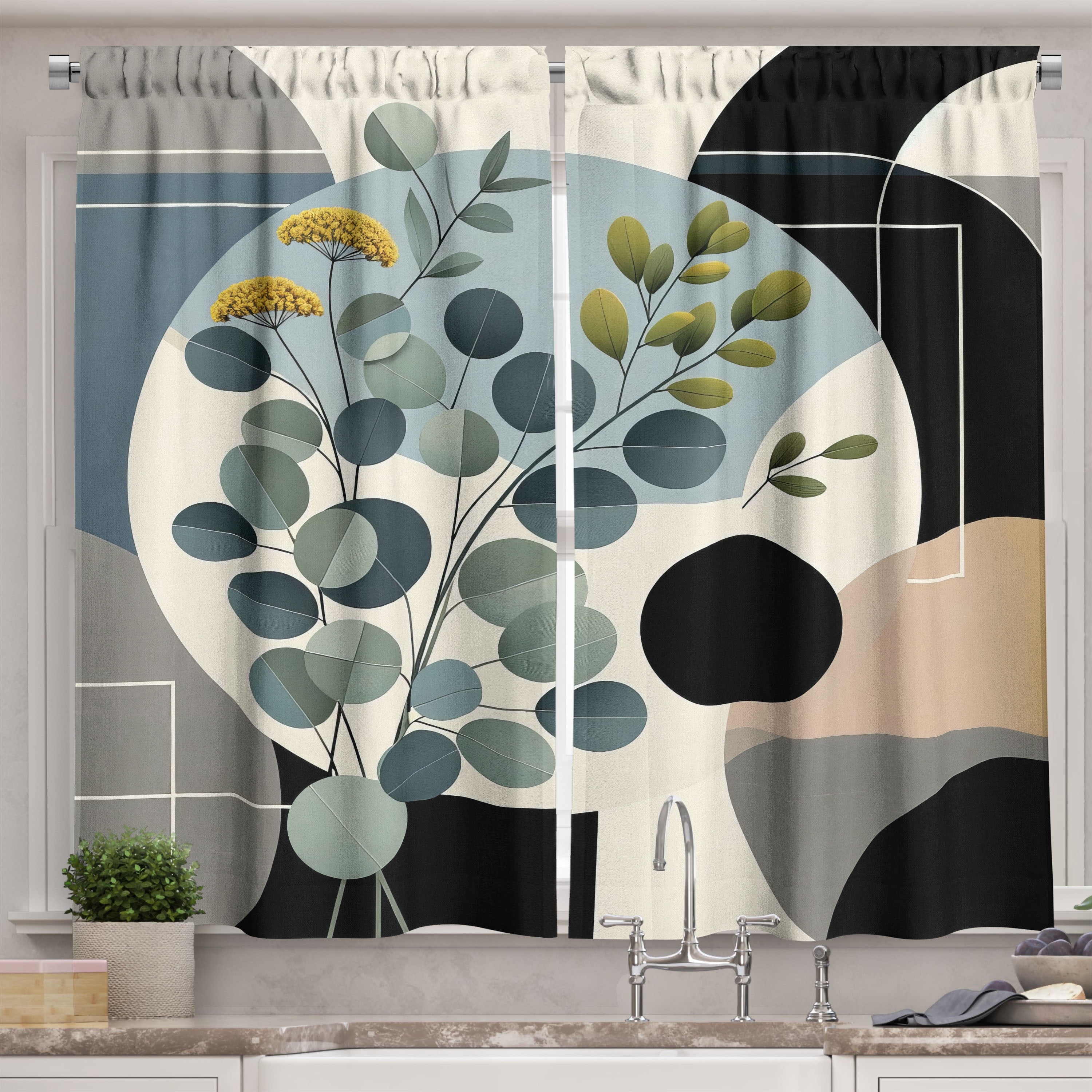 Ambesonne Eucalyptus Leaves Kitchen Curtains, Cold Mid Century, 55"x24 ...