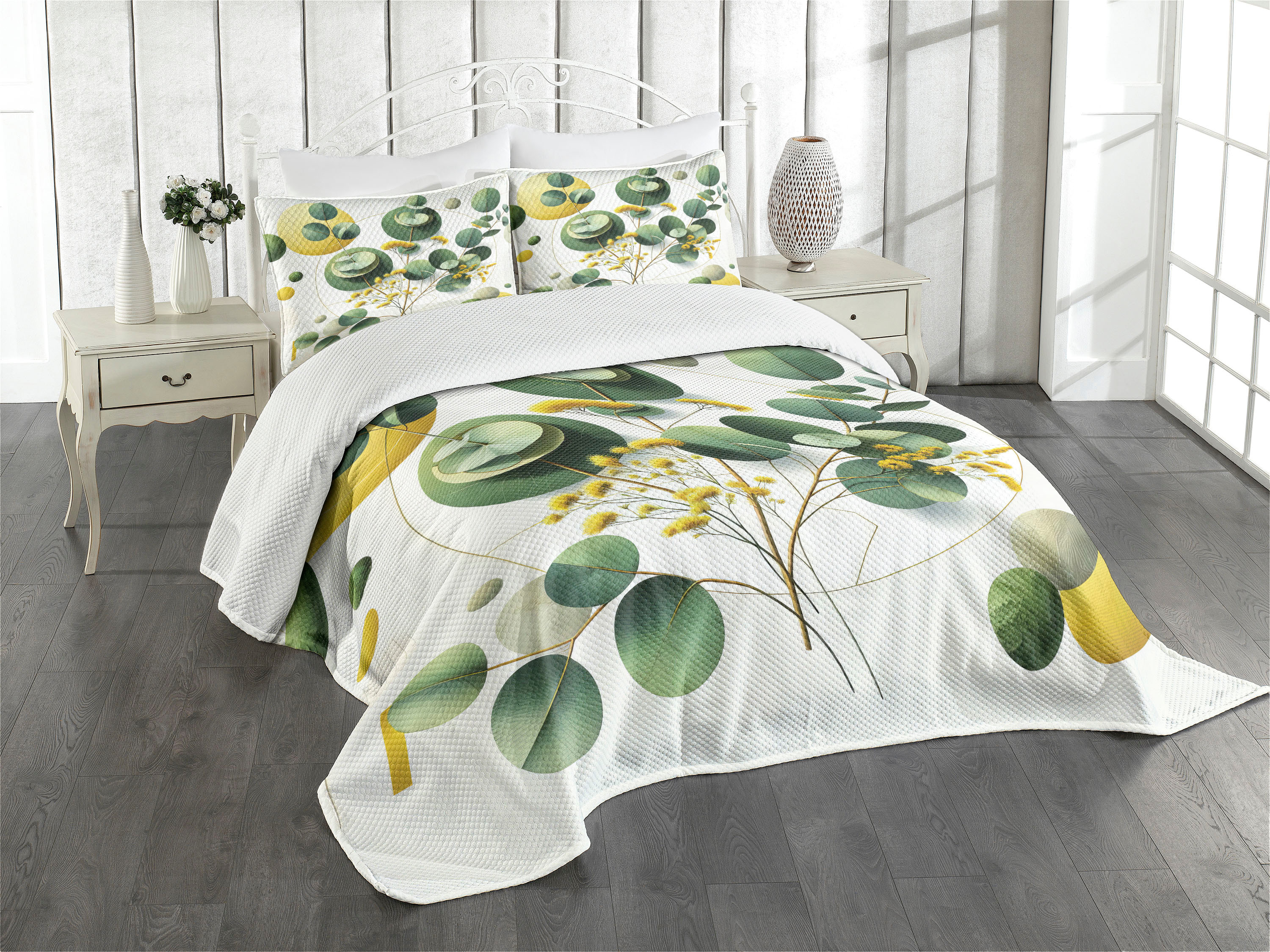 Ambesonne Eucalyptus Leaves Quilted Bedspread Set 3 Pcs, Boho Leaf ...