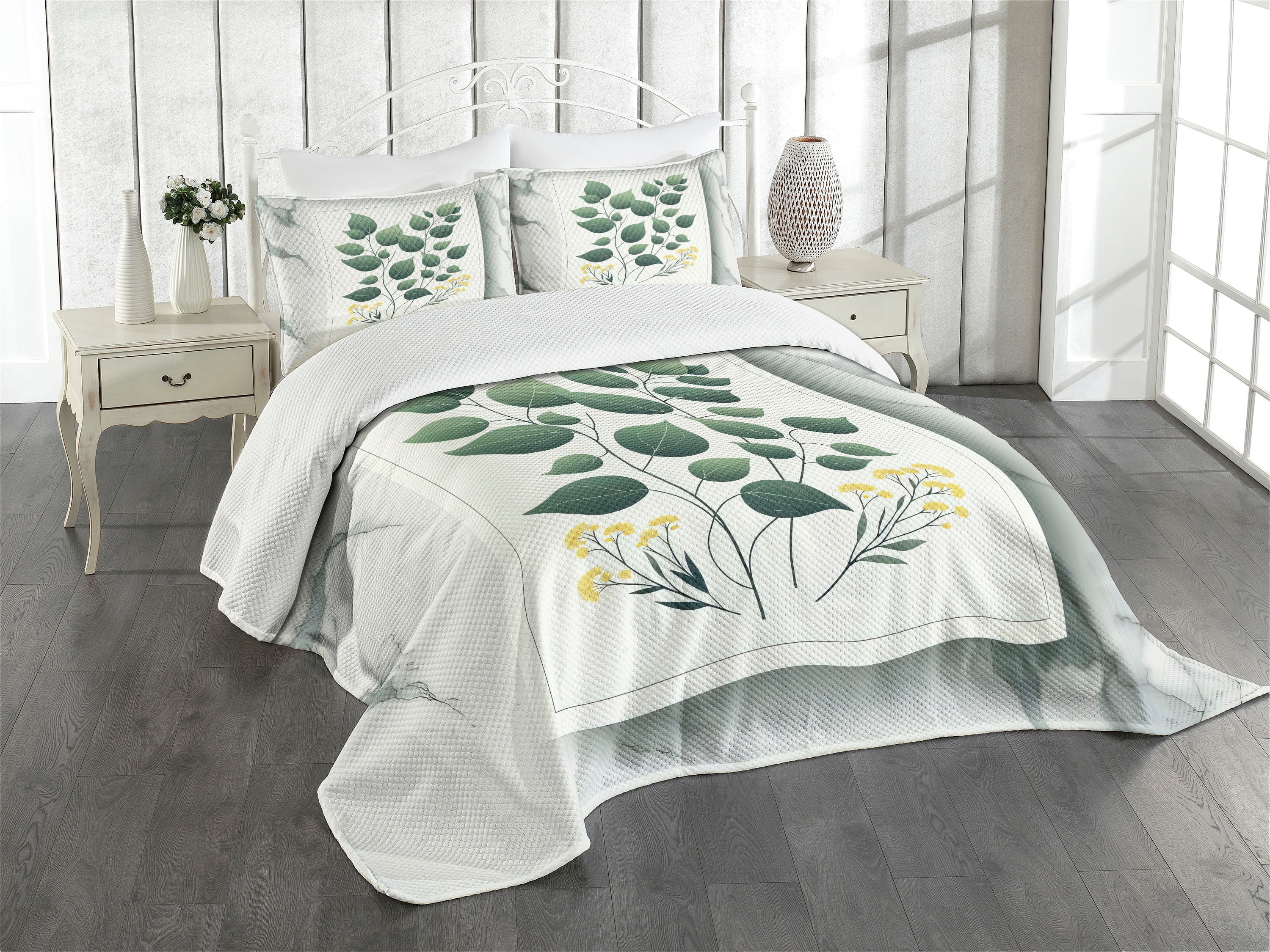 Ambesonne Eucalyptus Leaves Quilted Bedspread Set 3 Pcs, Minimal ...
