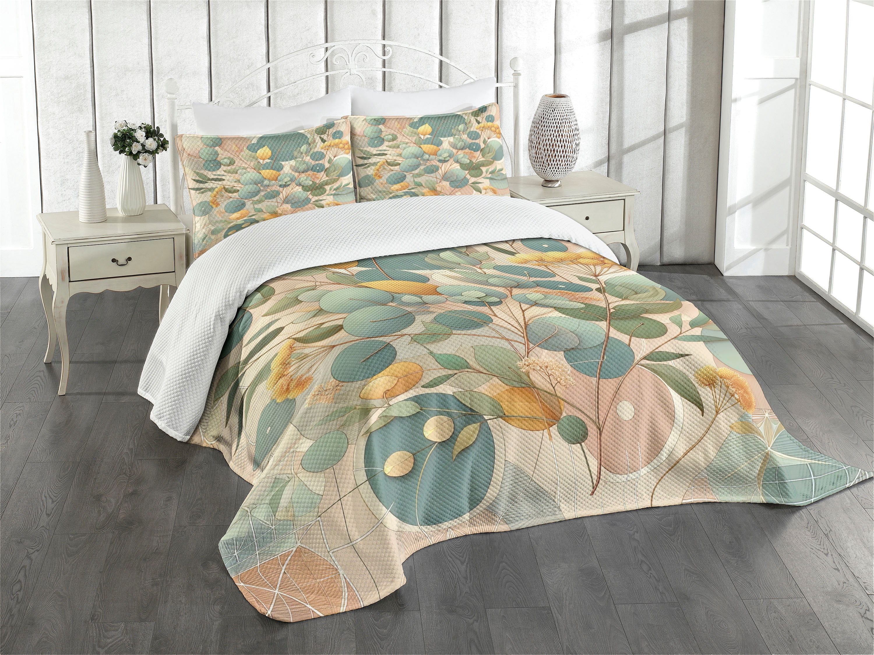 Ambesonne Eucalyptus Leaves Quilted Bedspread Set 3 Pcs, Pastel Art ...
