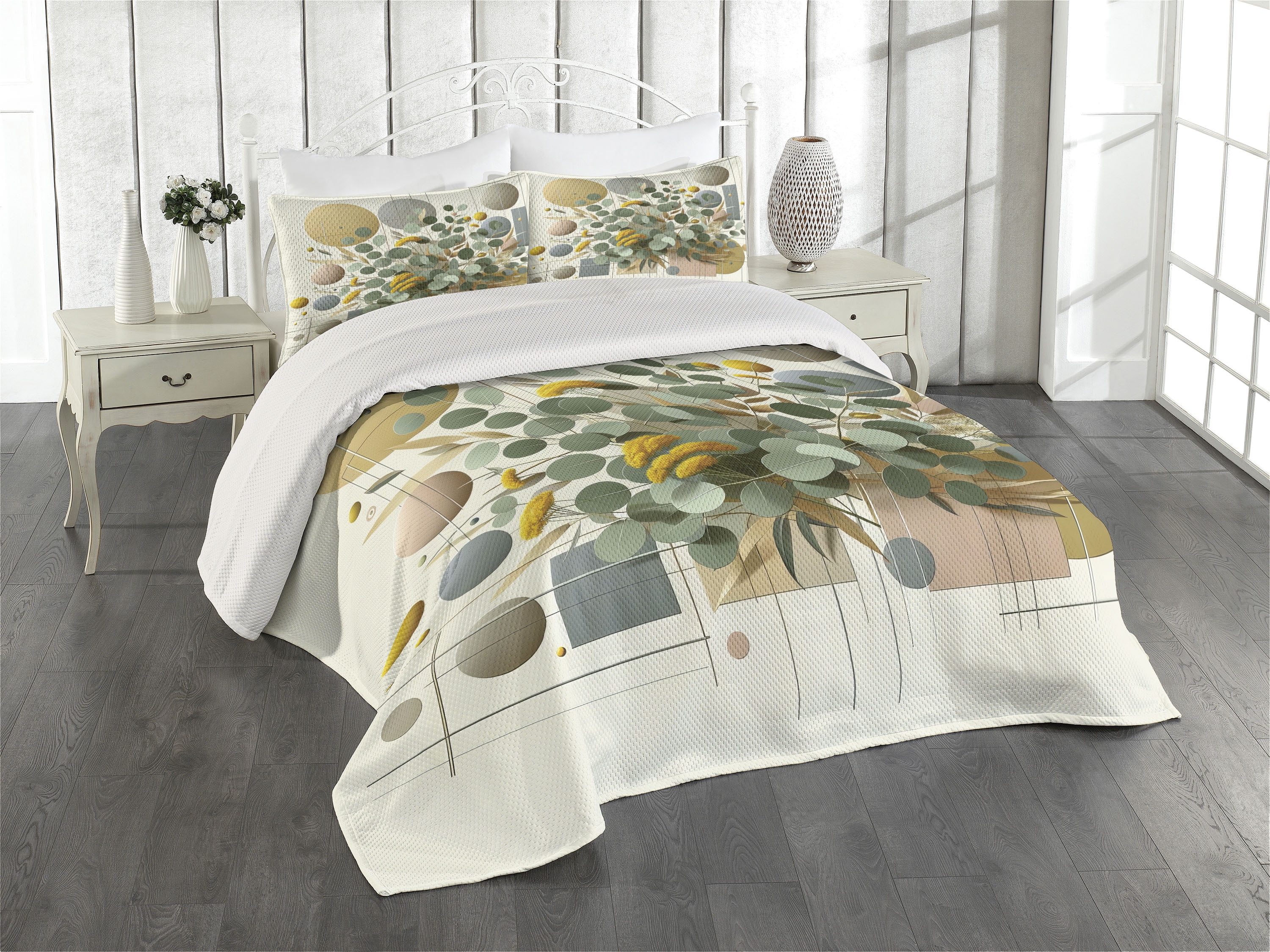 Ambesonne Eucalyptus Leaves Quilted Coverlet 3 Pcs, Blooming Geometry ...