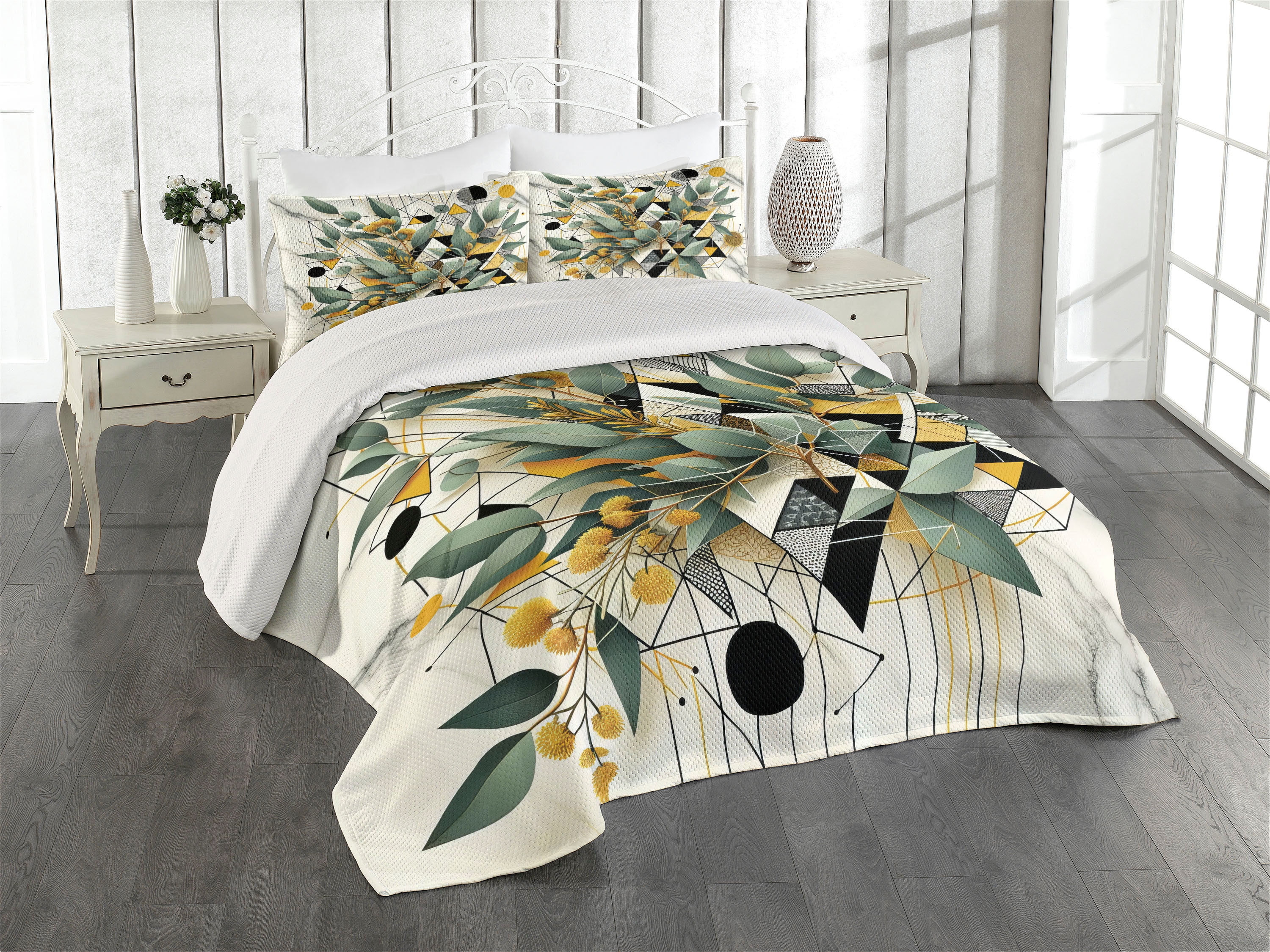 Ambesonne Eucalyptus Leaves Quilted Coverlet 3 Pcs, Blossomy Leaf Art, King Size, Green Black ...