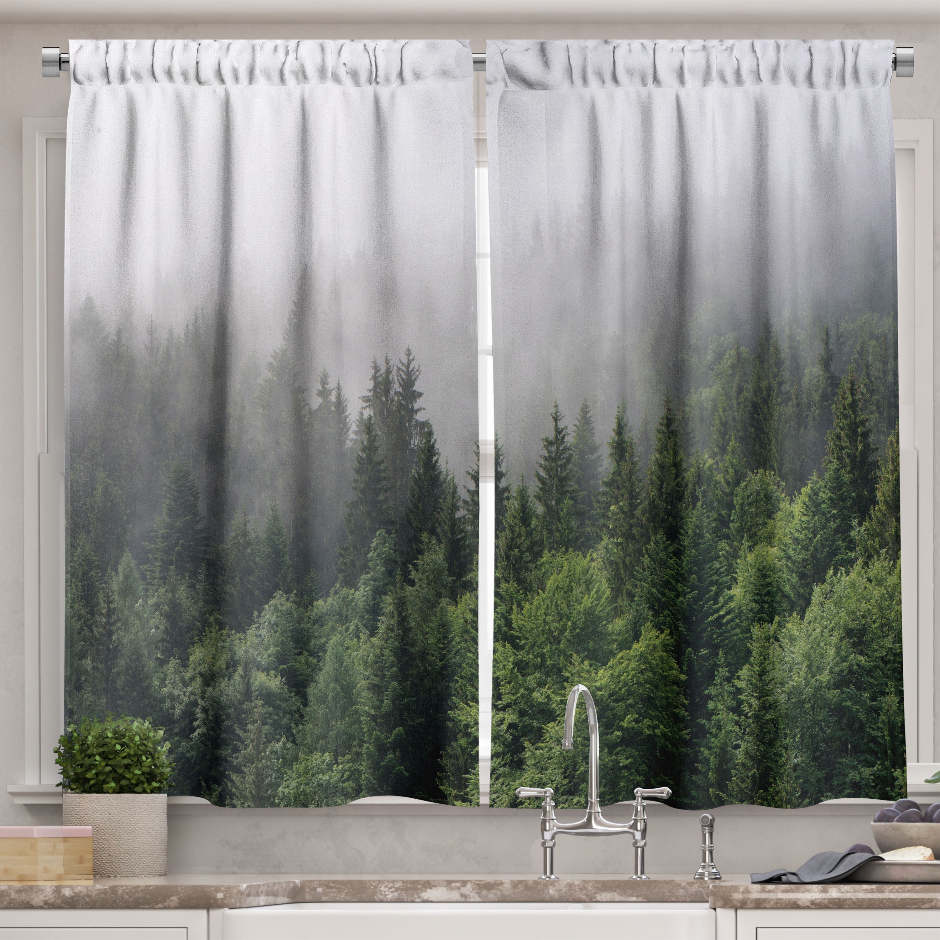 Ambesonne Evergreen Kitchen Curtains, Foggy Forest Wildlife, 55"x45 ...