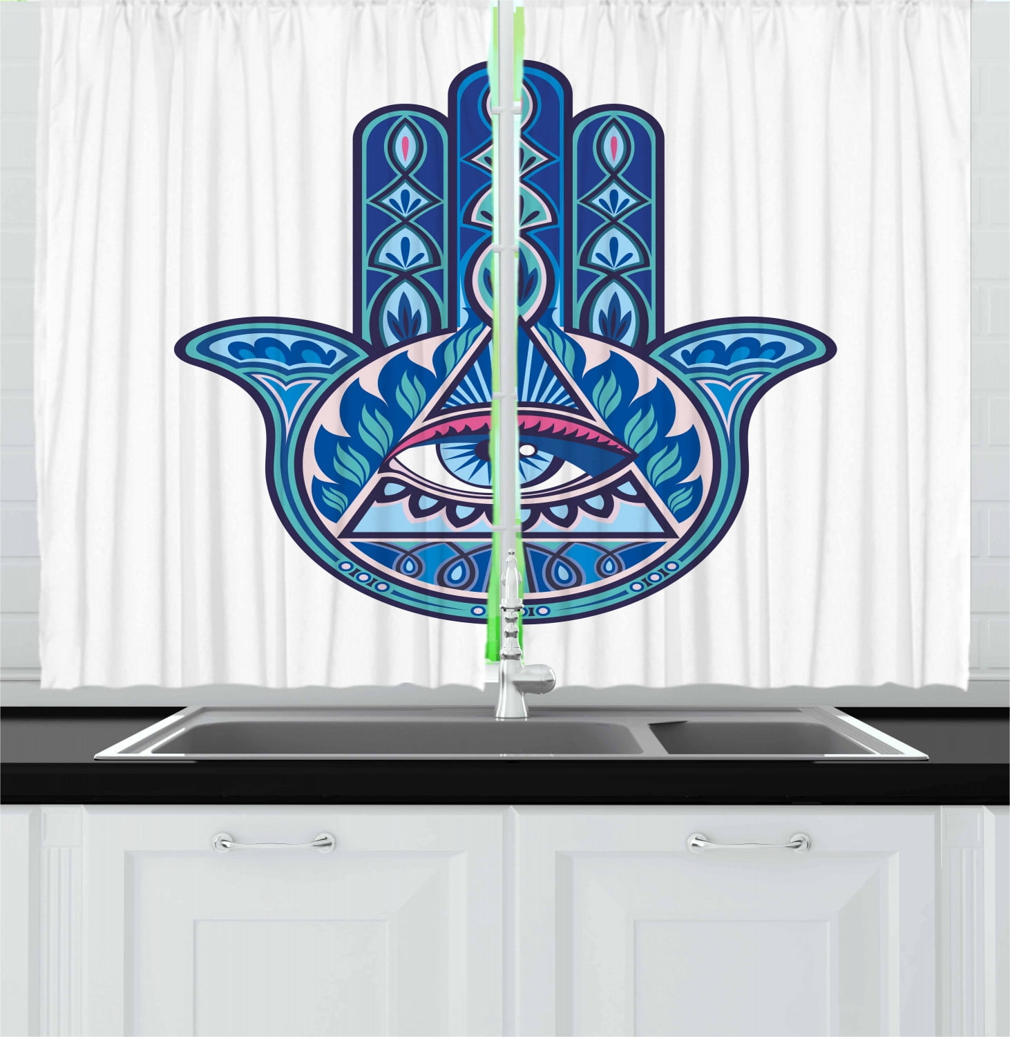 Ambesonne Evil Eye Kitchen Curtains, Vibrant Hamsa Triangle, 55"x39 ...