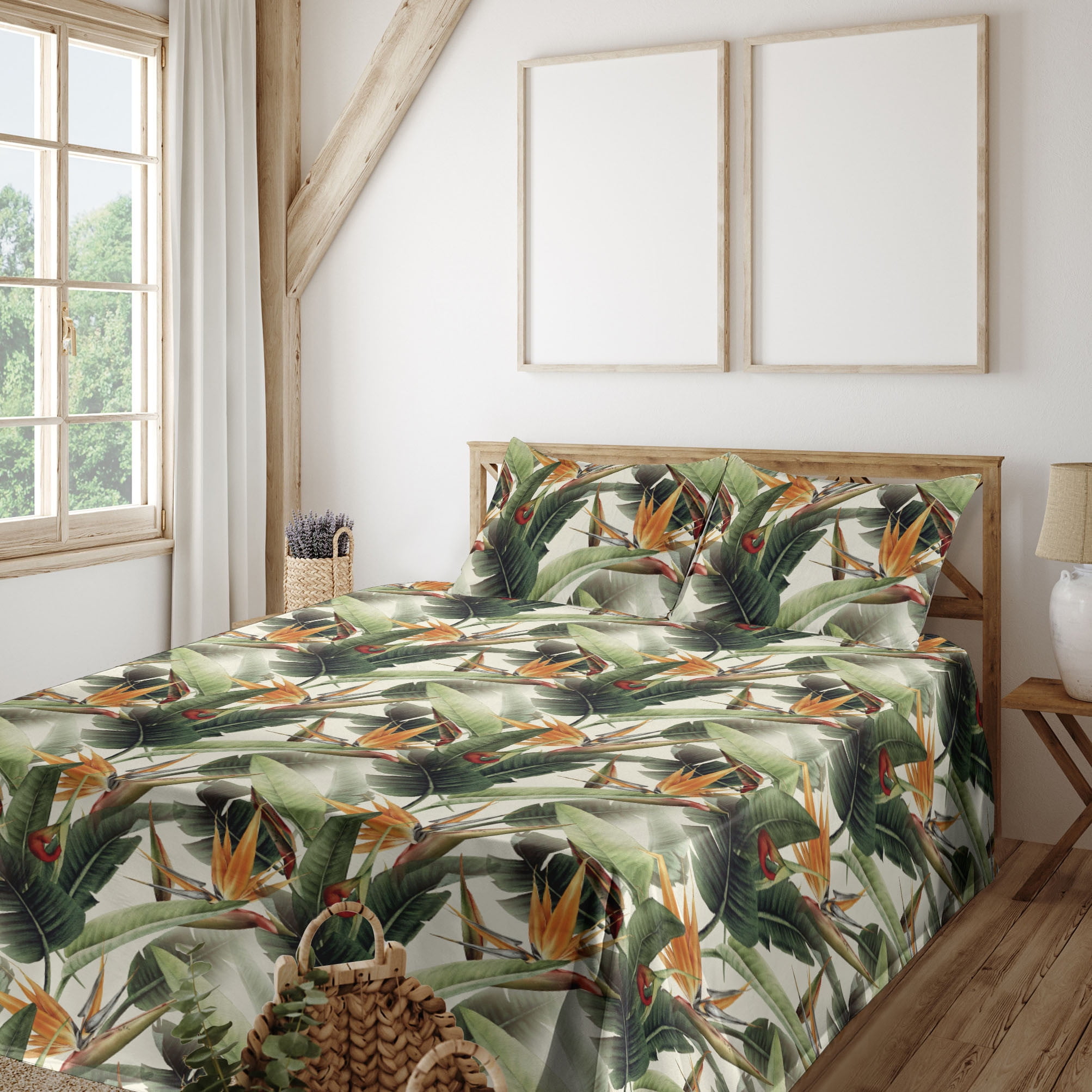 Ambesonne Exotic Fitted & Flat Sheet with Shams 4 Pcs Set, Bird Flowers ...