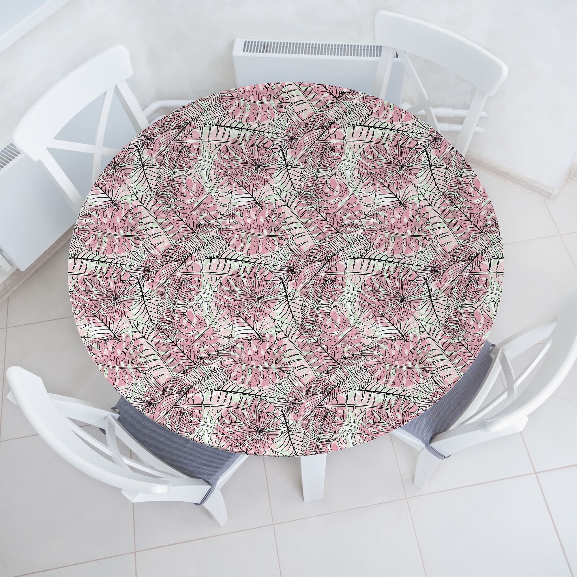Ambesonne Exotic Fitted Round Tablecloth, Hawaii Wild Forest Palm Leaf ...