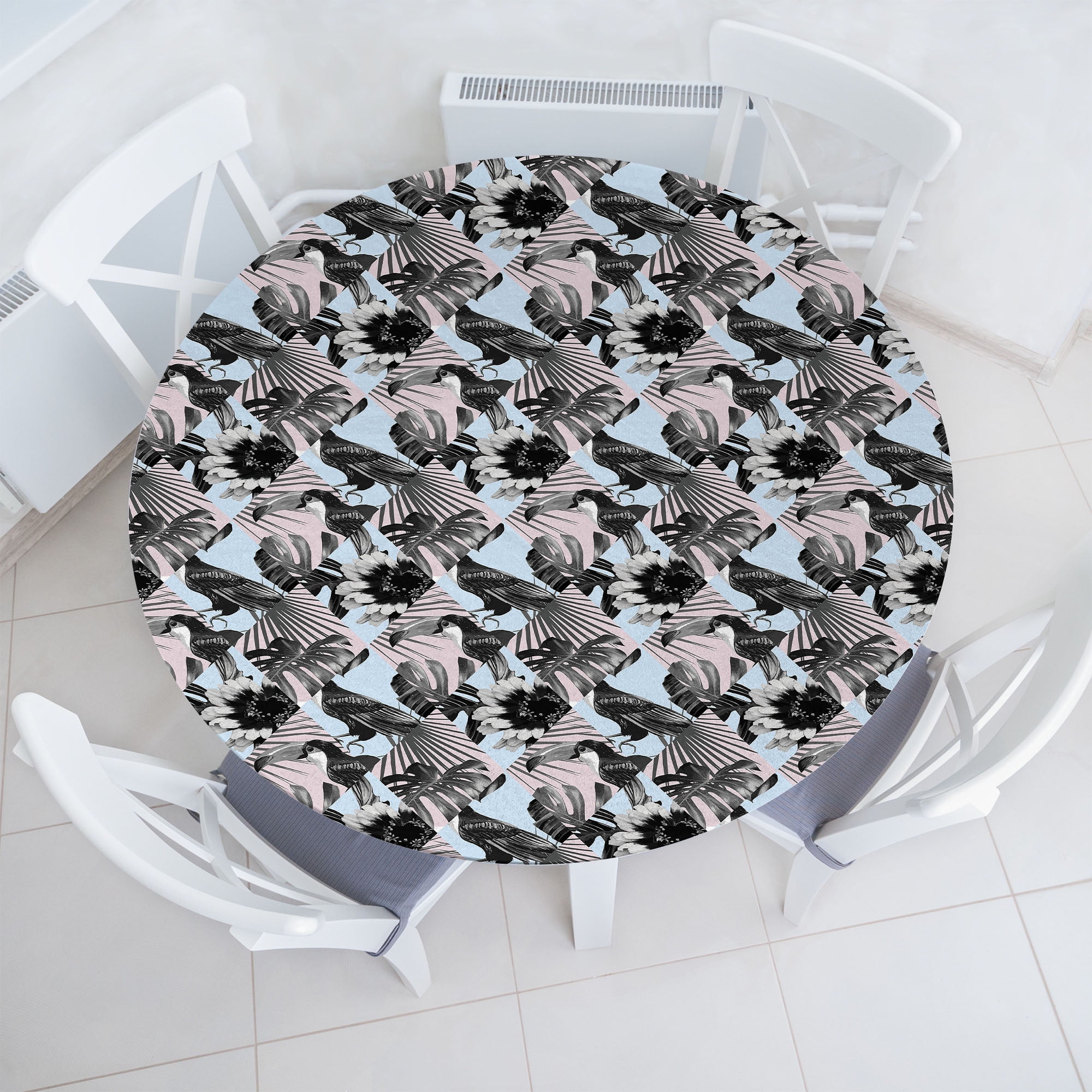 Ambesonne Exotic Fitted Round Tablecloth, Toucan Bird Print Monstera ...