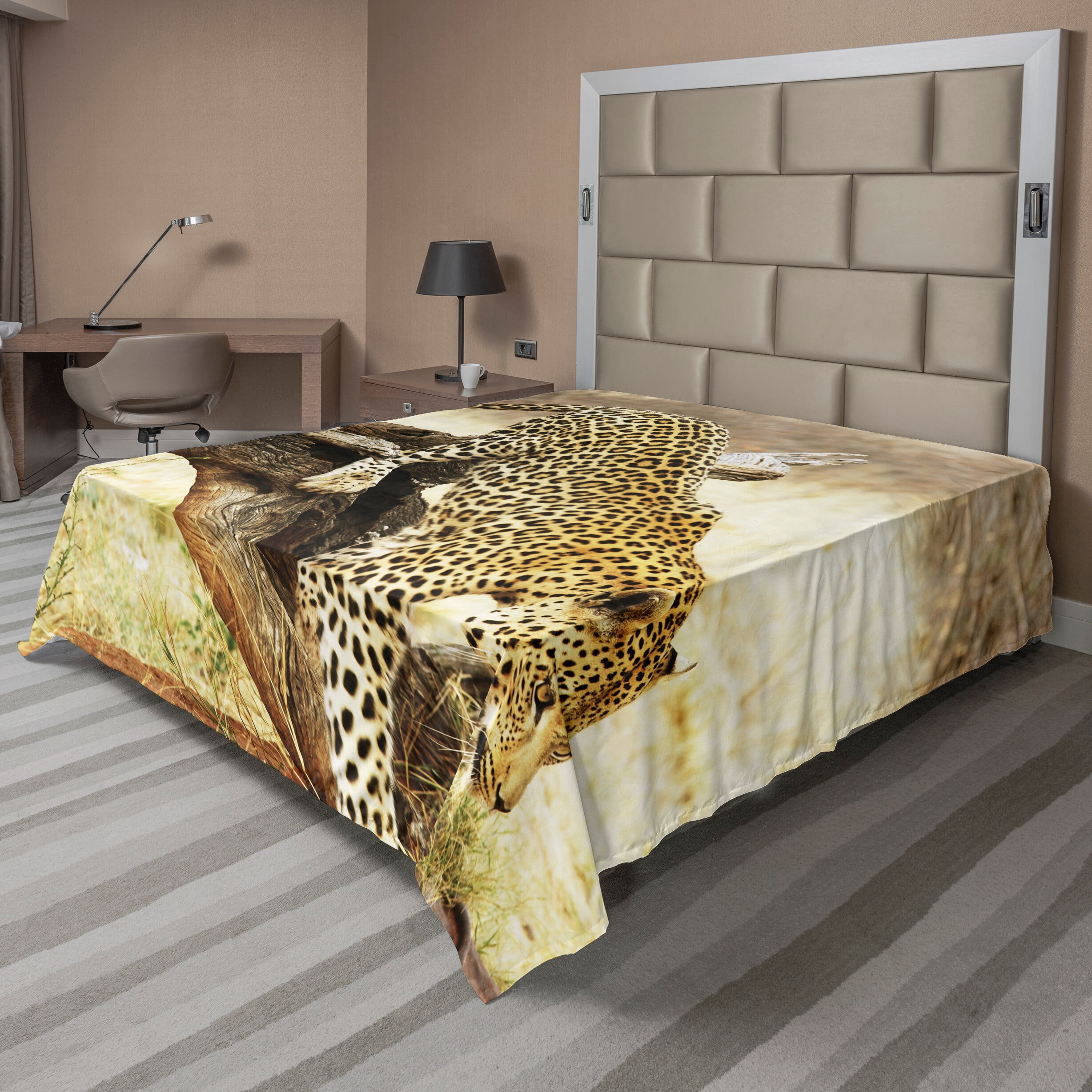 Ambesonne Exotic Flat Sheet, Leopard Wild Cat on Tree, Queen Size ...