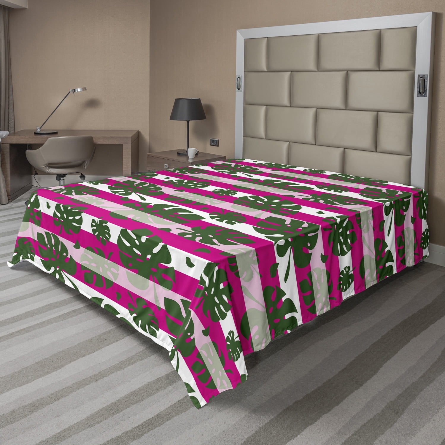 Ambesonne Exotic Flat Sheet, Stripes and Monstera Leaves, Queen Size ...