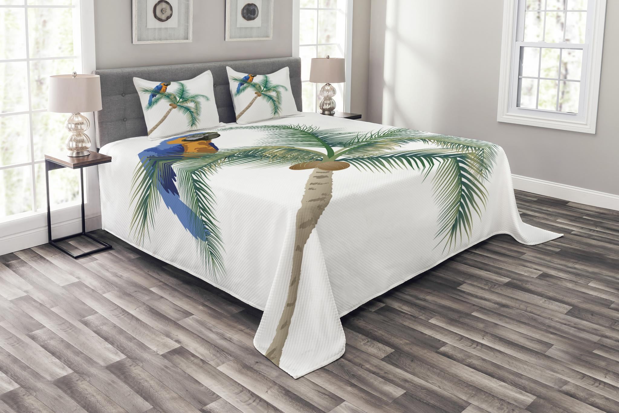 Ambesonne Exotic Quilted Bedspread Set 3 Pcs, Parrot Coconut Palms ...
