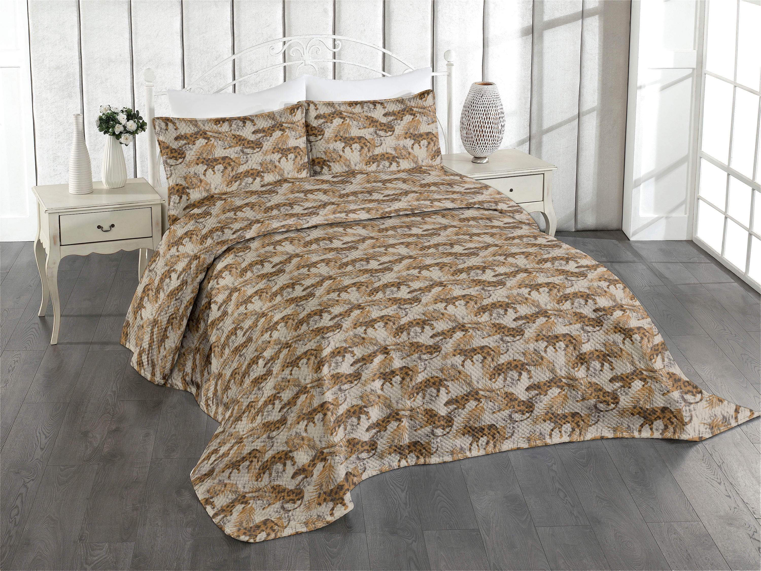 Ambesonne Exotic Quilted Coverlet 3 Pcs, Cheetah Leaves Earhy Print ...