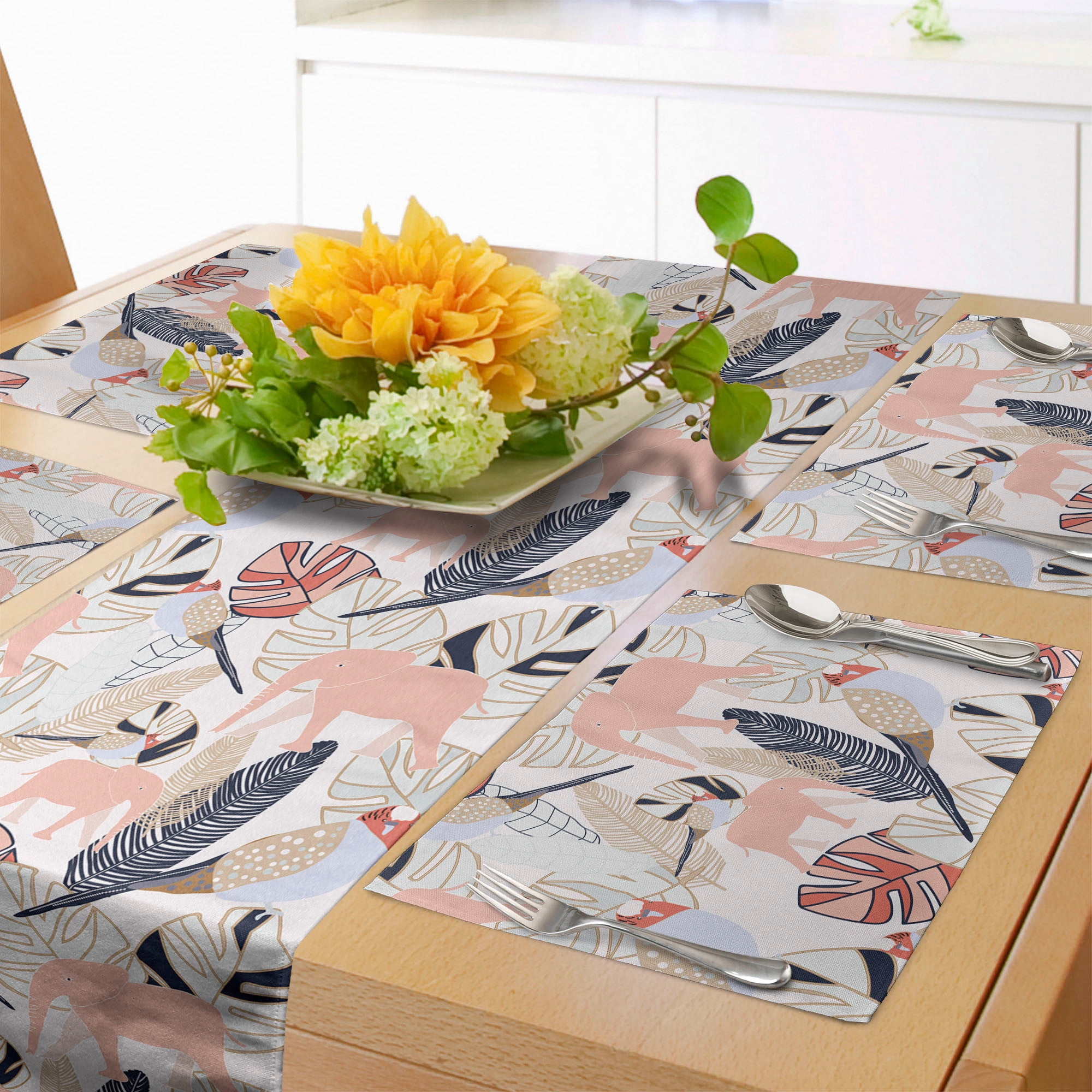 Ambesonne Exotic Table Runner & Placemats, Pastel Tropical Elephant Art ...