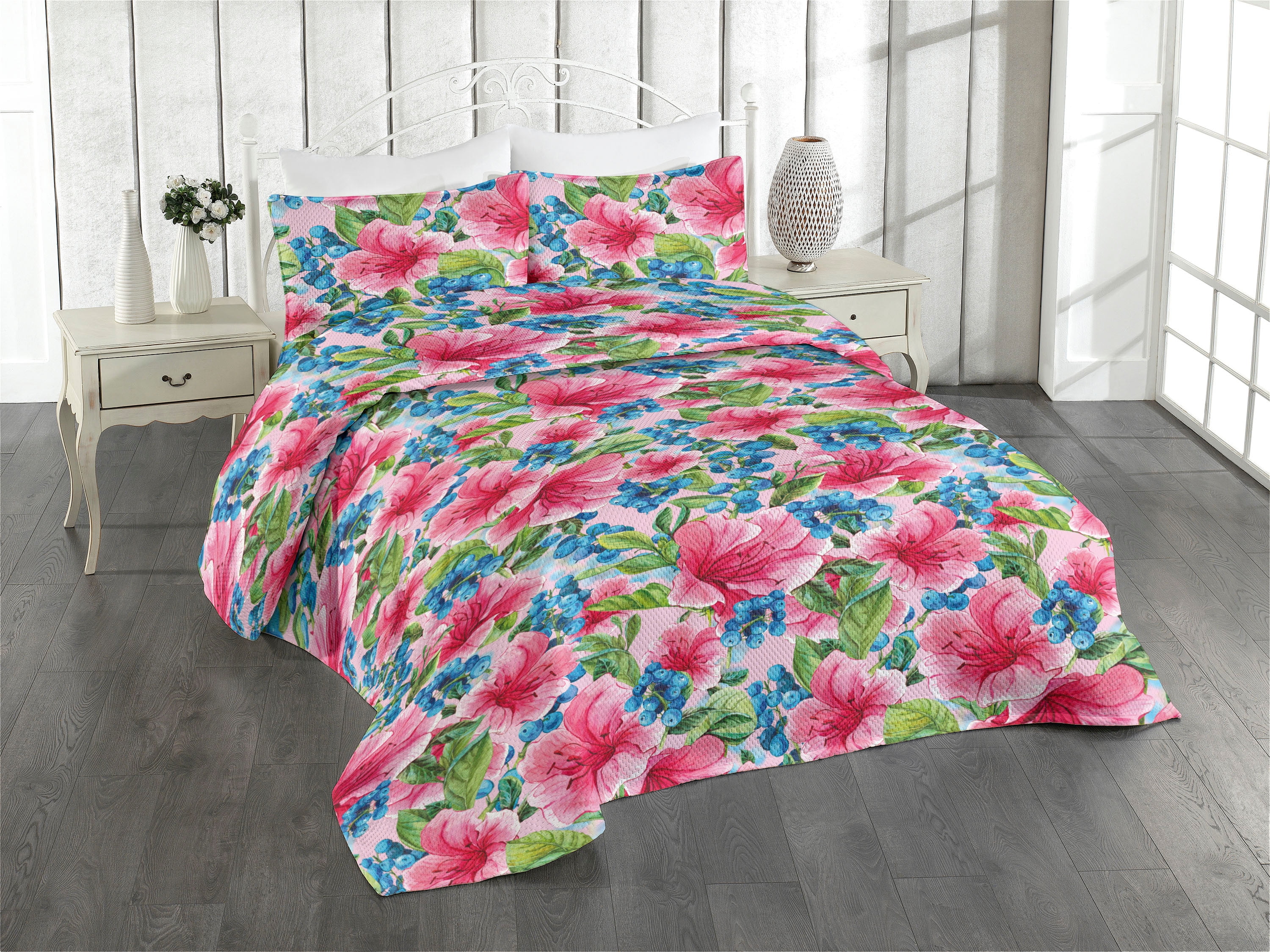 Ambesonne Exotic Themed Quilted Bedspread Set 3 Pcs, Chill Hibiscus ...