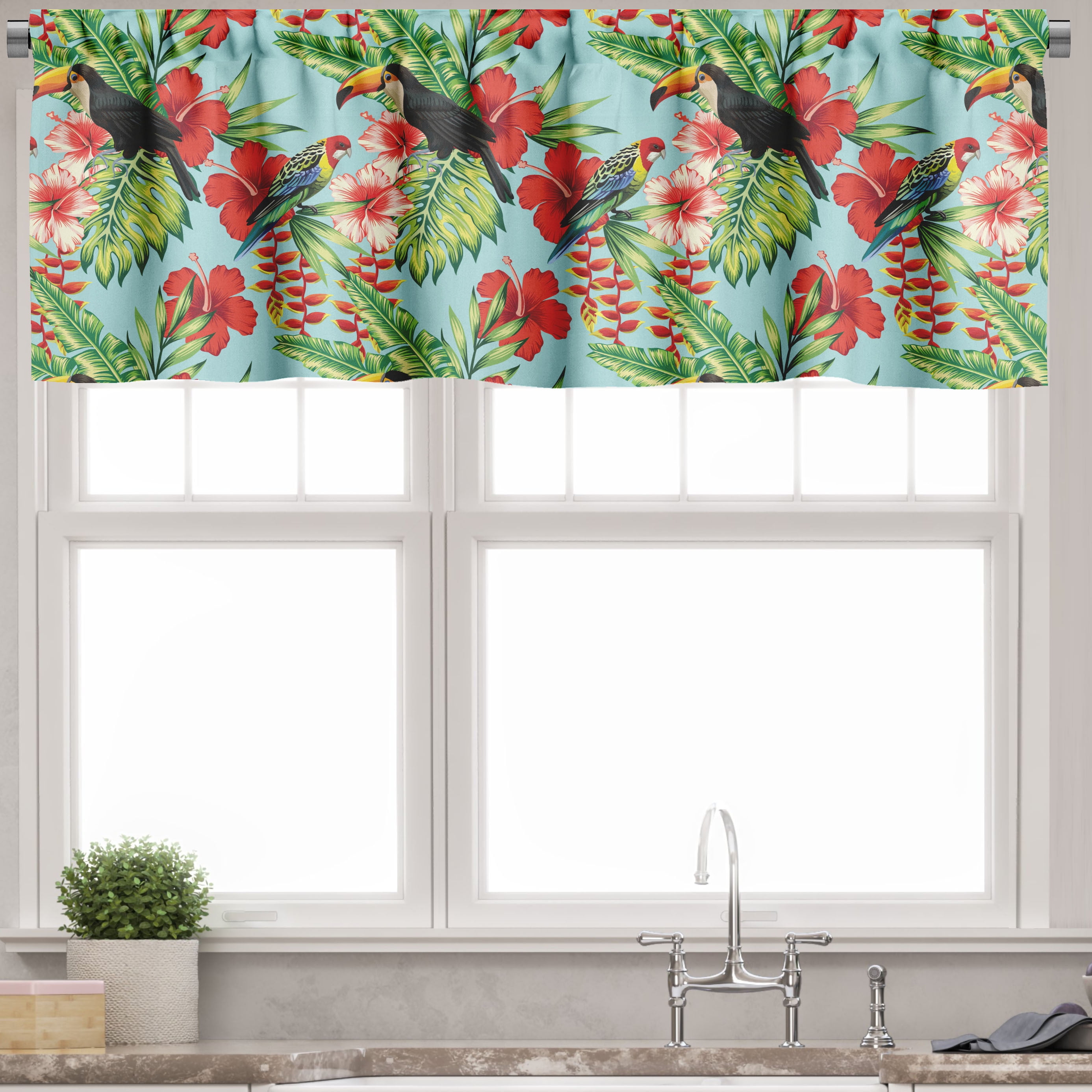Ambesonne Exotic Valance Pack of 2, Hibiscus Parrot and Toucan, 54"X12 ...