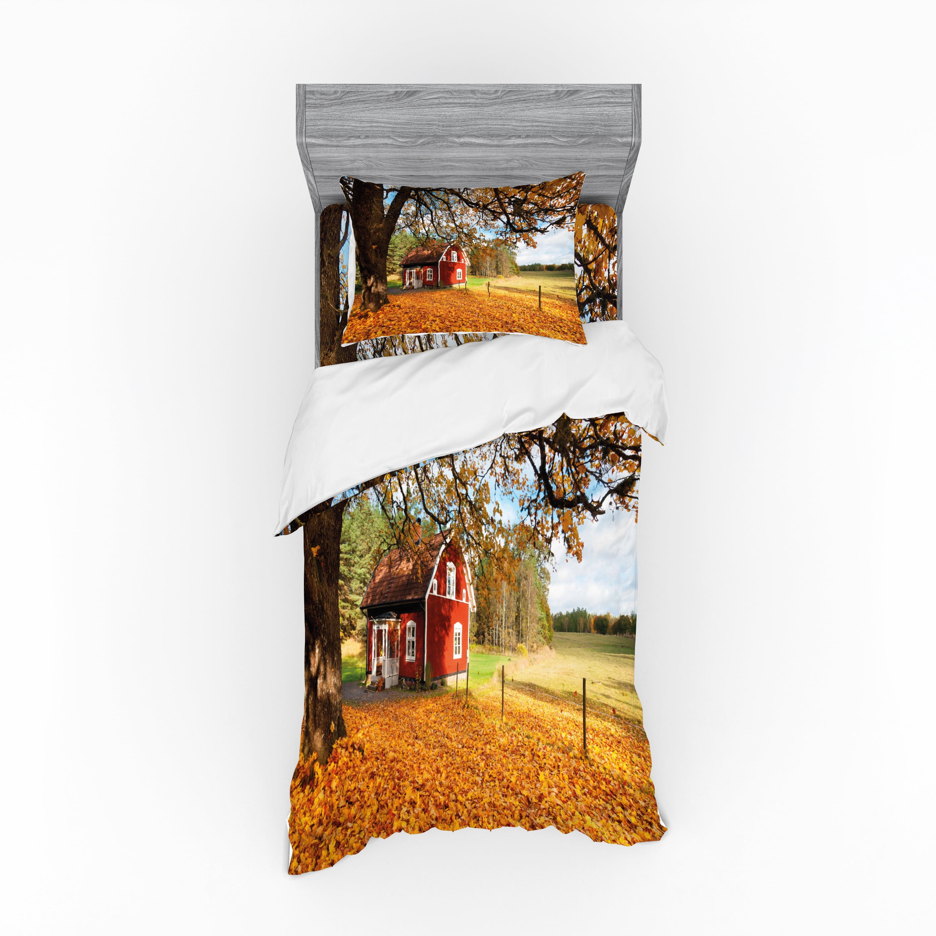 Ambesonne Fall Bedding Set 3 Pcs, Red Swedish Country House, Twin XL ...