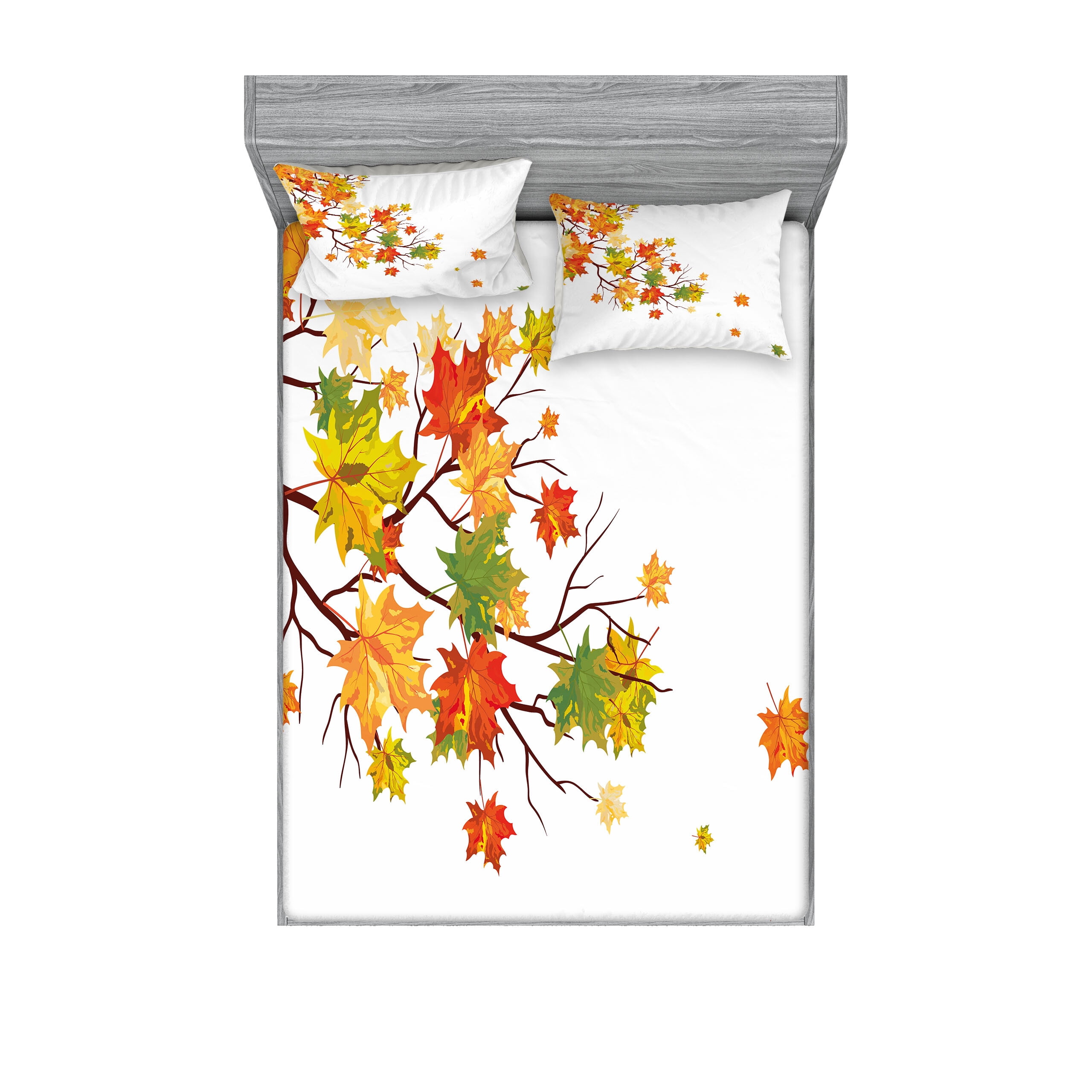 Ambesonne Fall Fitted Sheet & Pillow Sham Set, Autumn Foliage Maple ...