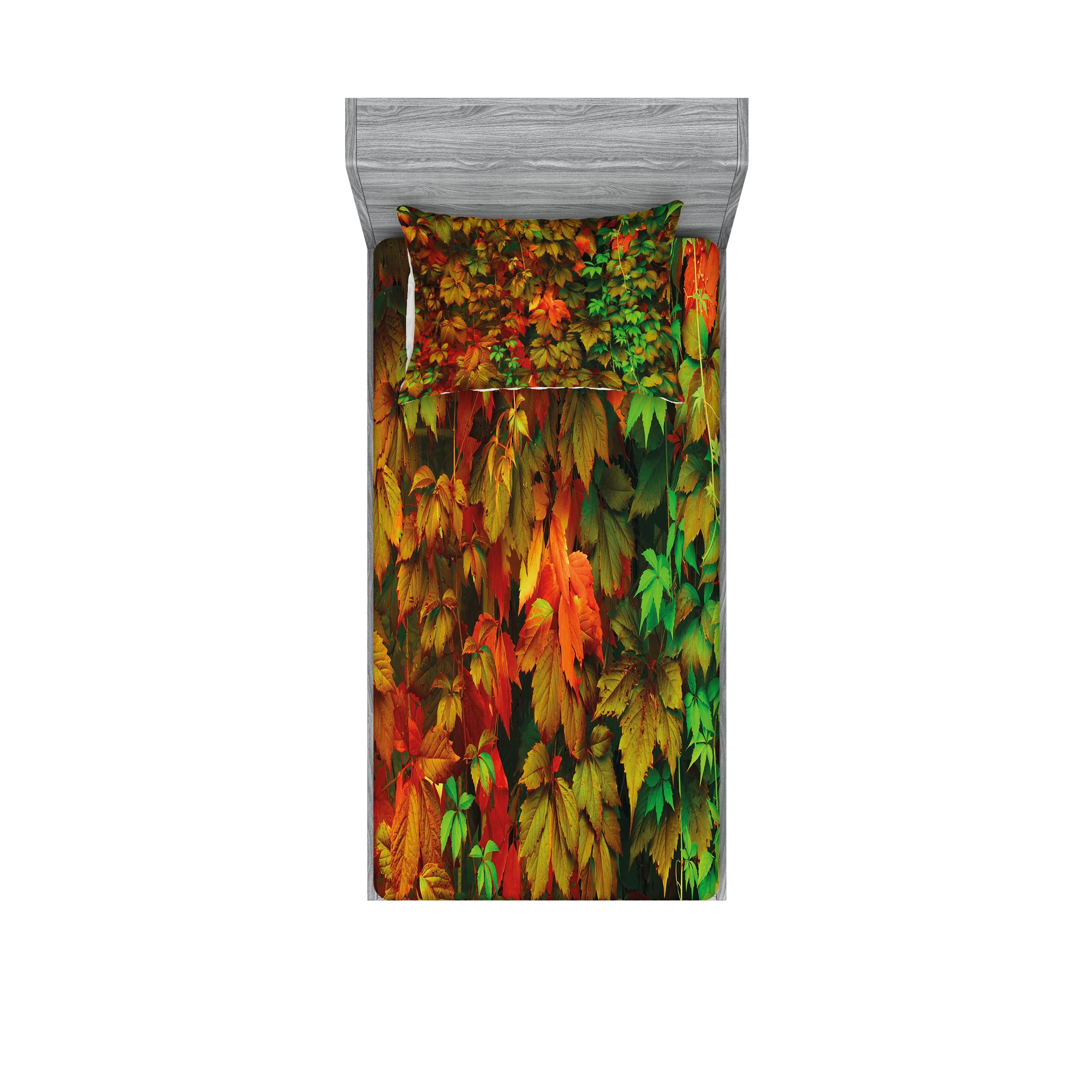 Ambesonne Fall Fitted Sheet & Pillow Sham Set, Colorful Leafage Vivid, Twin, Multicolor ...