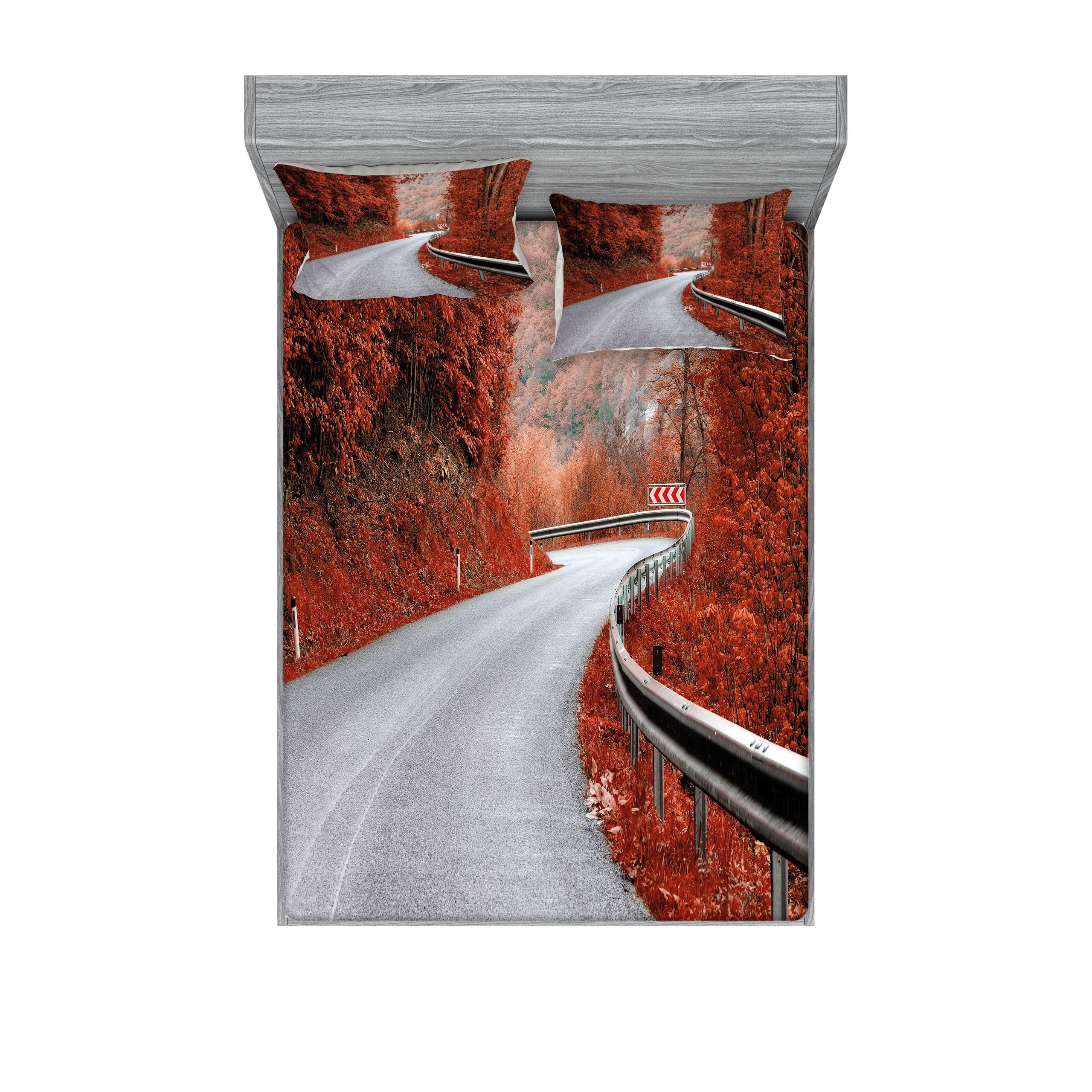 Ambesonne Fall Fitted Sheet & Pillow Sham Set, Dreamy Road Travel Theme ...