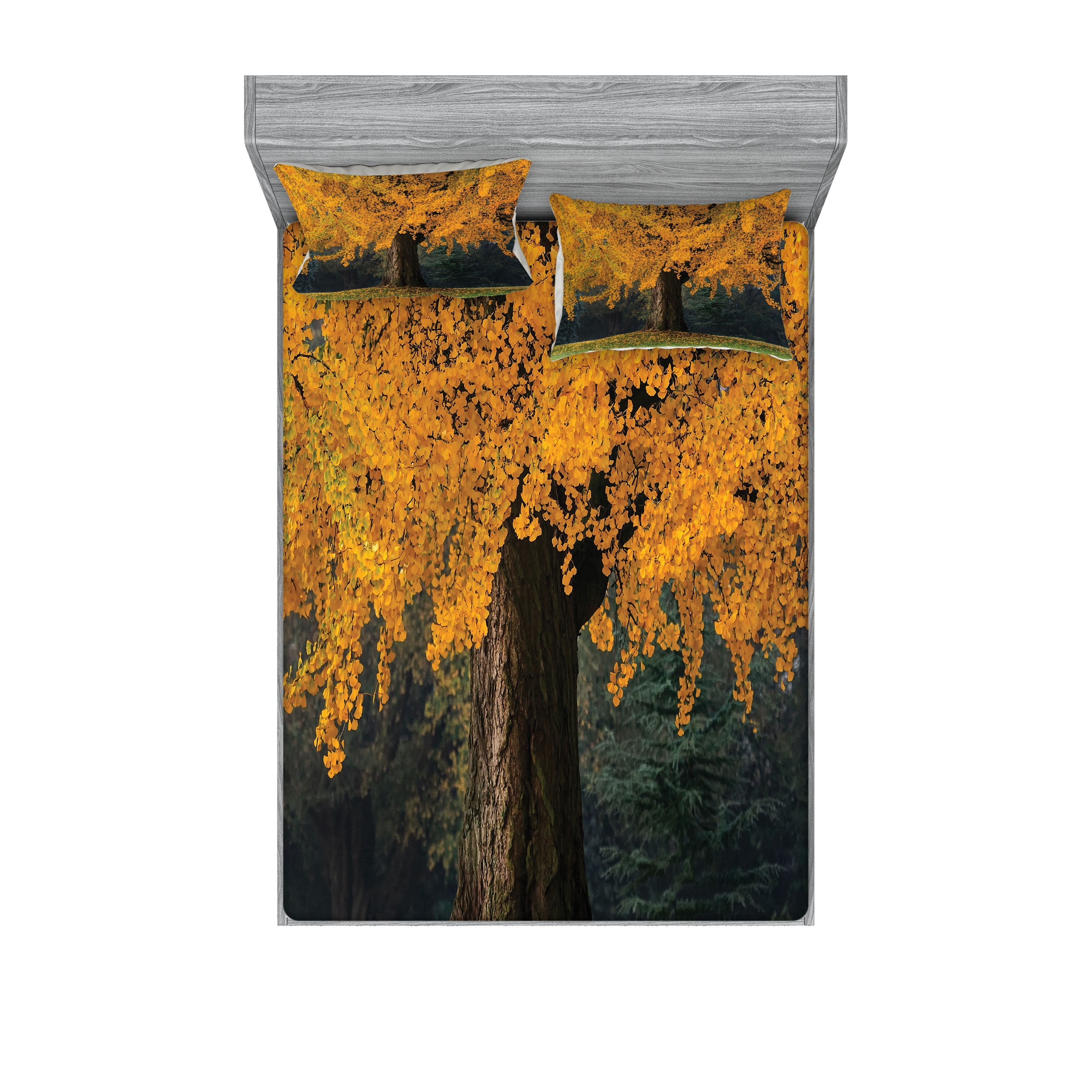Ambesonne Fall Fitted Sheet & Pillow Sham Set, Leaves Tree Autumn ...