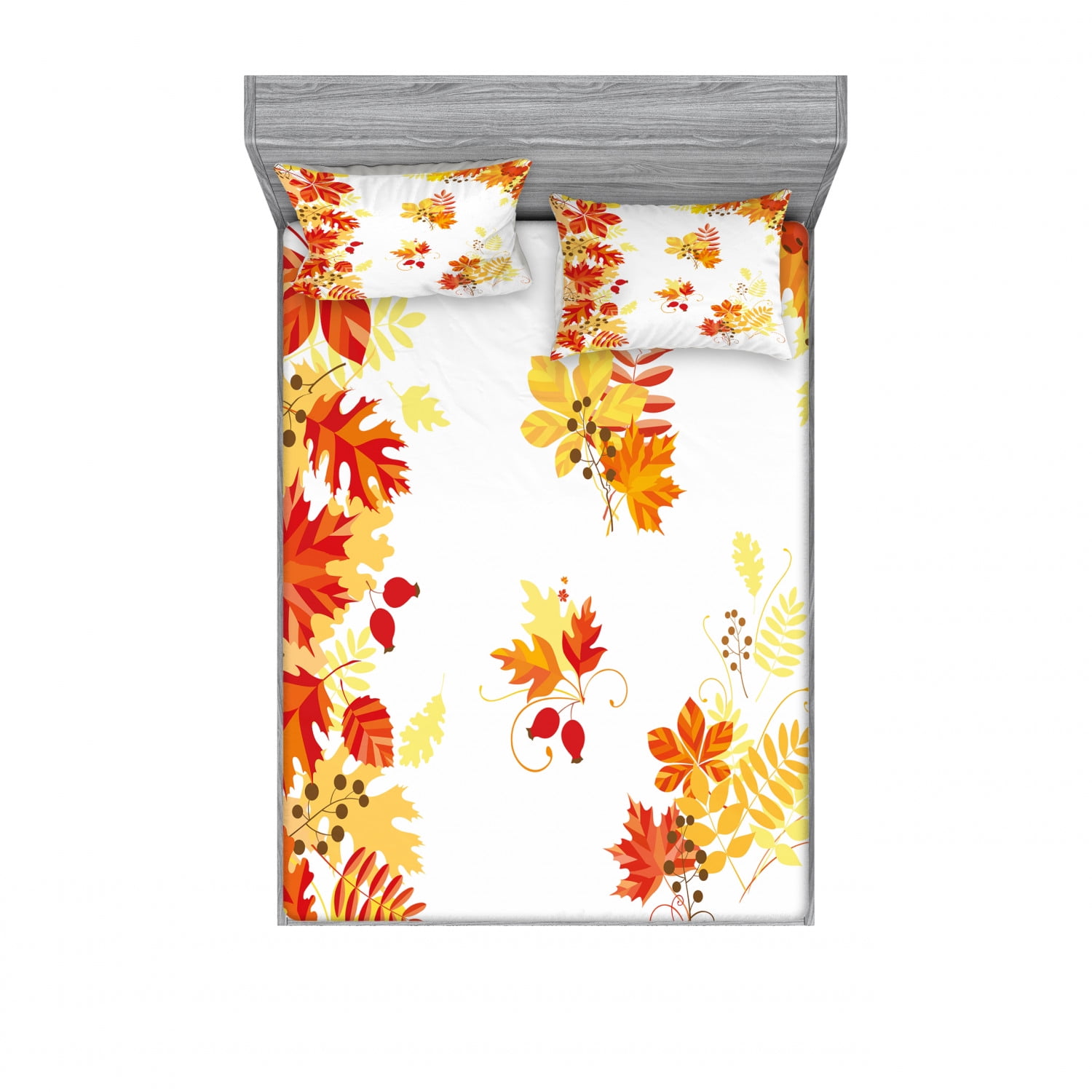 Ambesonne Fall Fitted Sheet & Pillow Sham Set, Tree Leaves and Berries ...