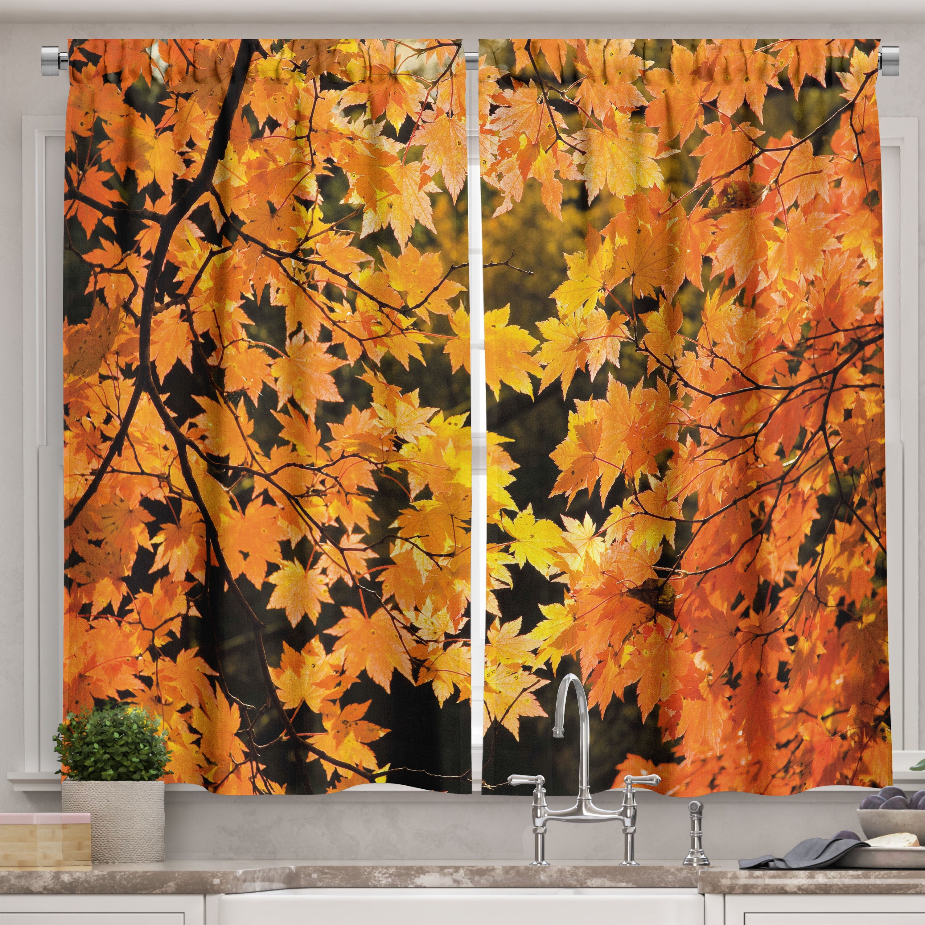 Ambesonne Fall Kitchen Curtains, Vivid Autumn Maple Leaves, 55"x39 ...