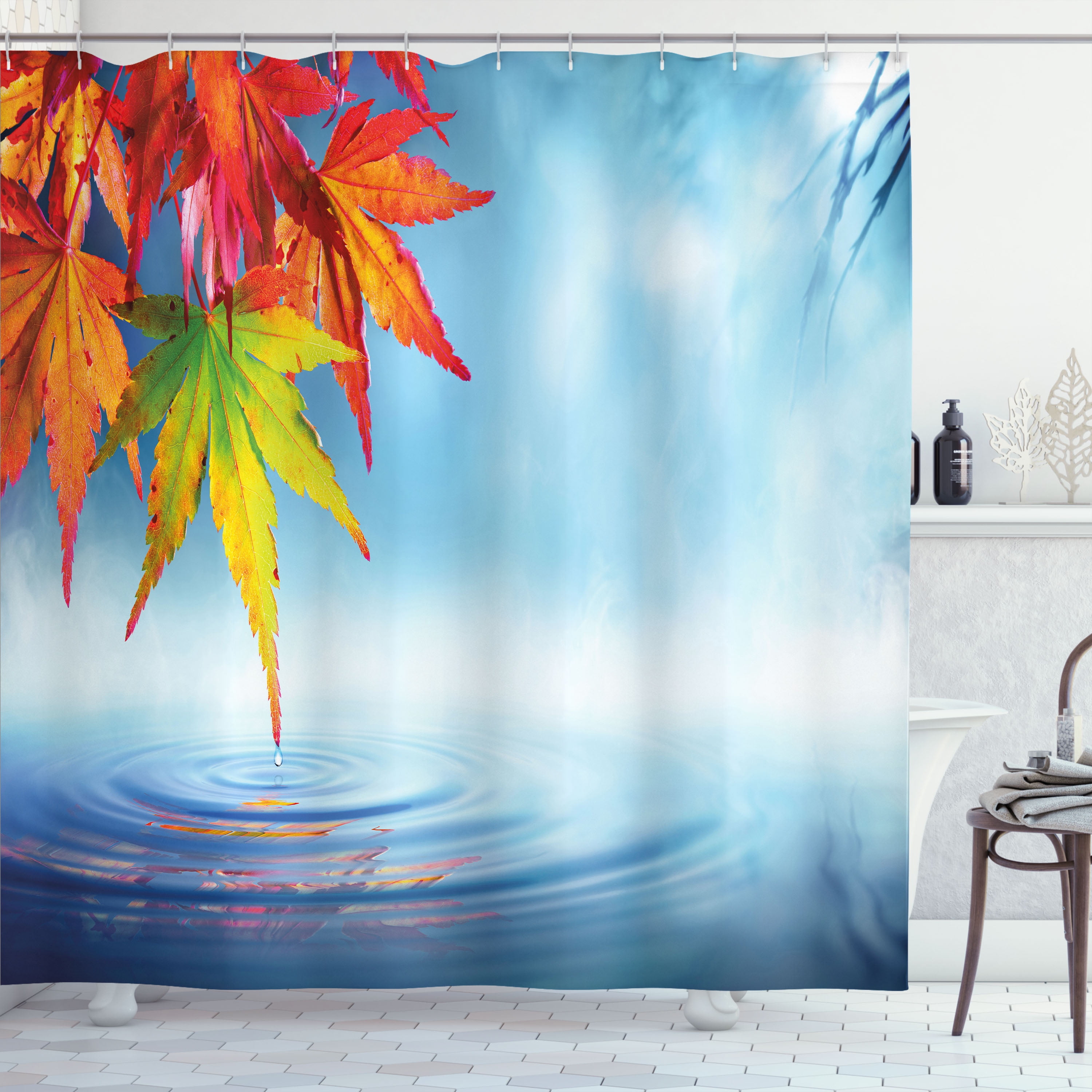 Ambesonne Fall Leaves Shower Curtain, Water Dripping on Lake, 69"Wx75"L ...