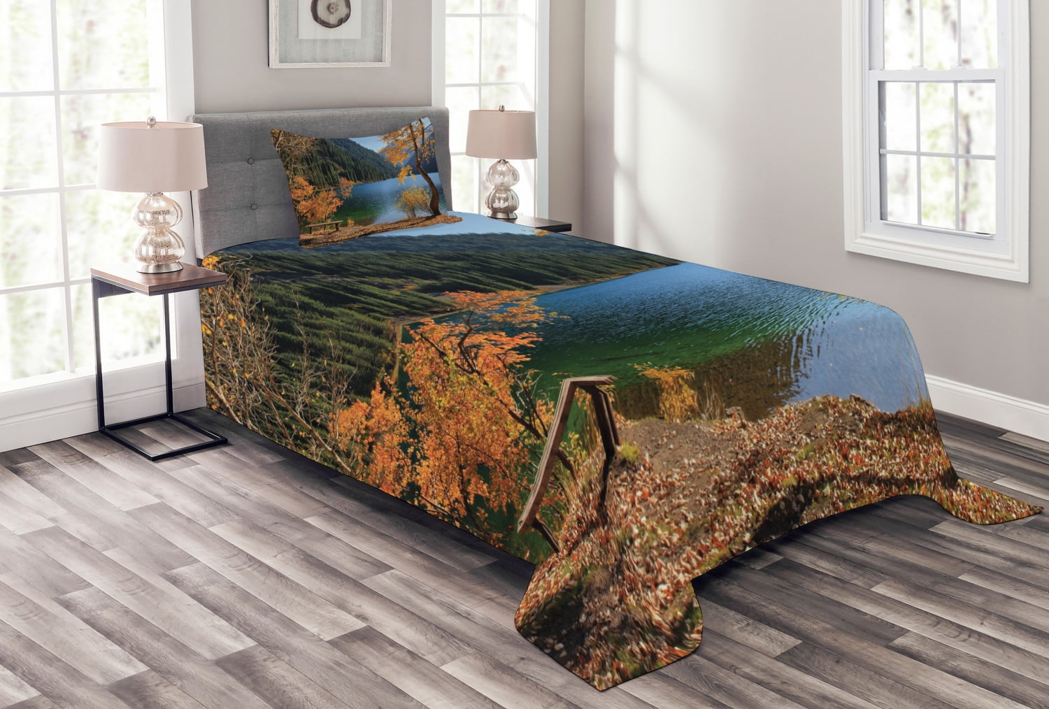 Ambesonne Fall Quilted Bedspread Set 2 Pcs, Lake Forest Autumn Tree ...