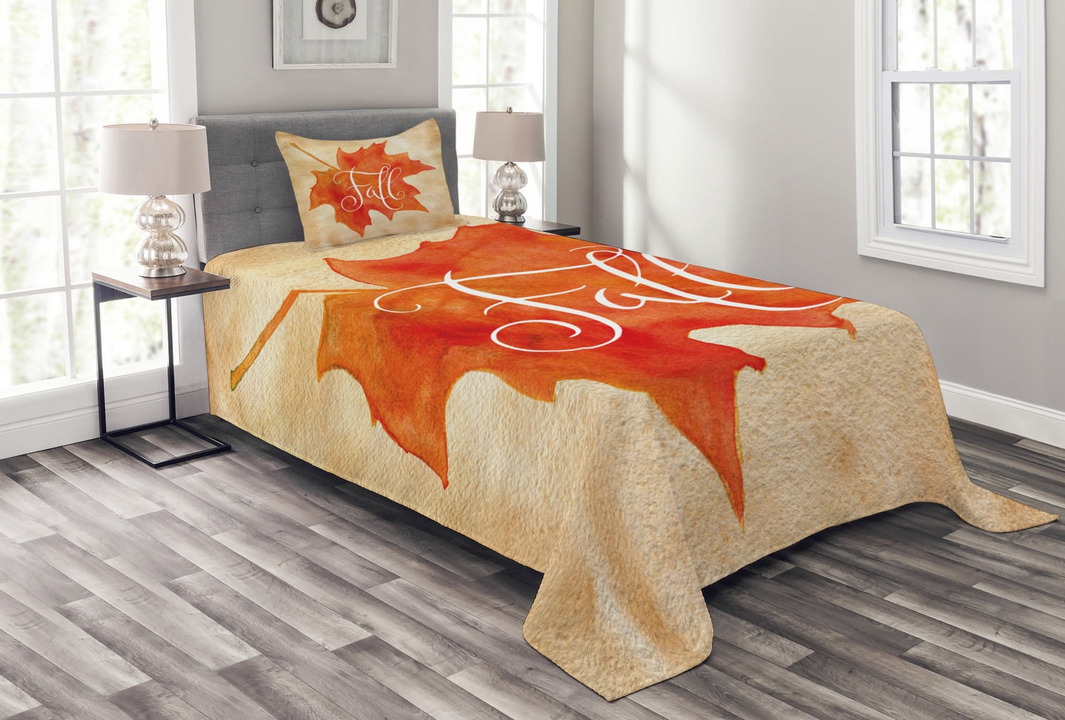 Ambesonne Fall Quilted Bedspread Set 2 Pcs, Maple Leaf Vintage, Twin Size, Orange Pale Brown ...