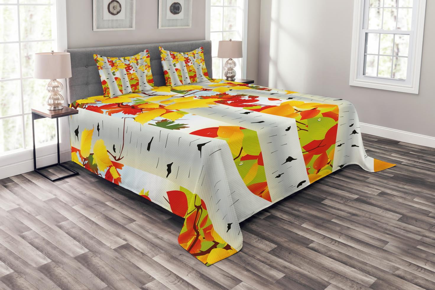 Ambesonne Fall Quilted Bedspread Set 3 Pcs, Autumn Scene with Leaves ...