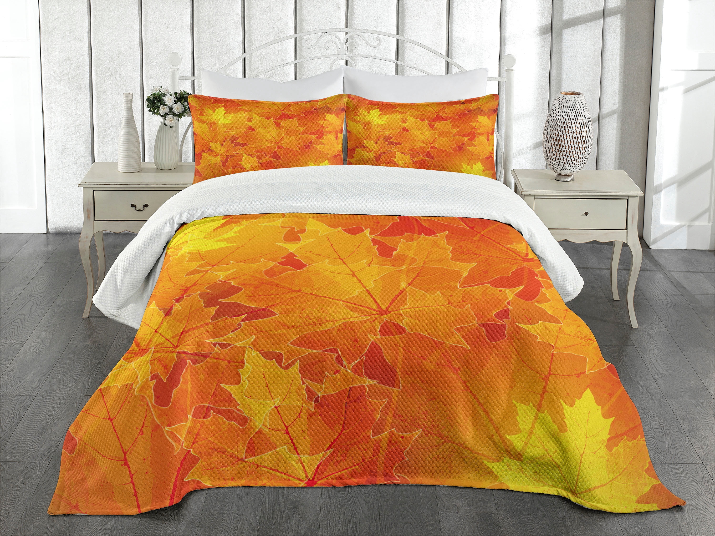 Ambesonne Fall Quilted Bedspread Set 3 Pcs, Maple Botany Foliage Leaf ...
