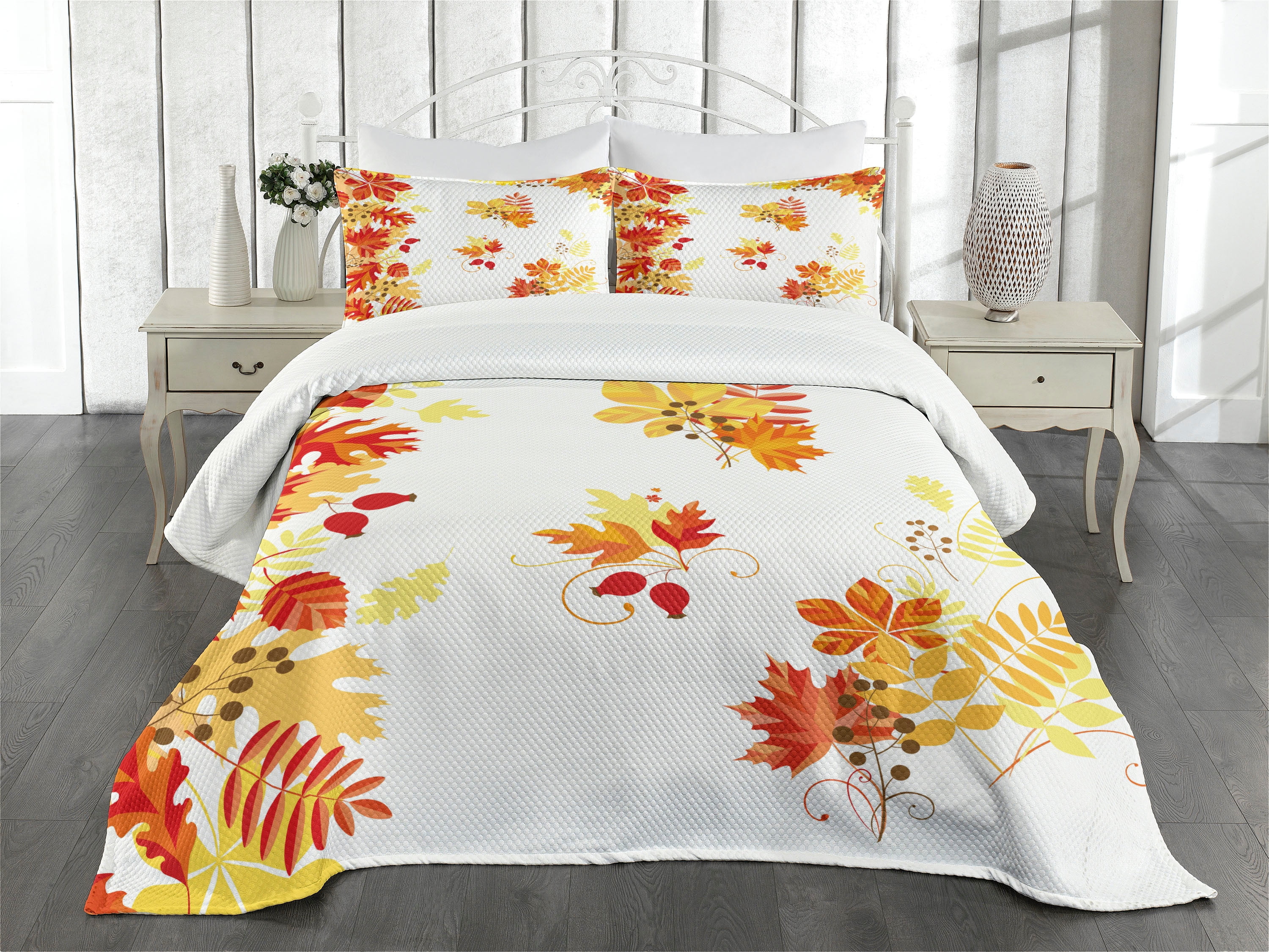 Ambesonne Fall Quilted Bedspread Set 3 Pcs, Tree Leaves and Berries ...