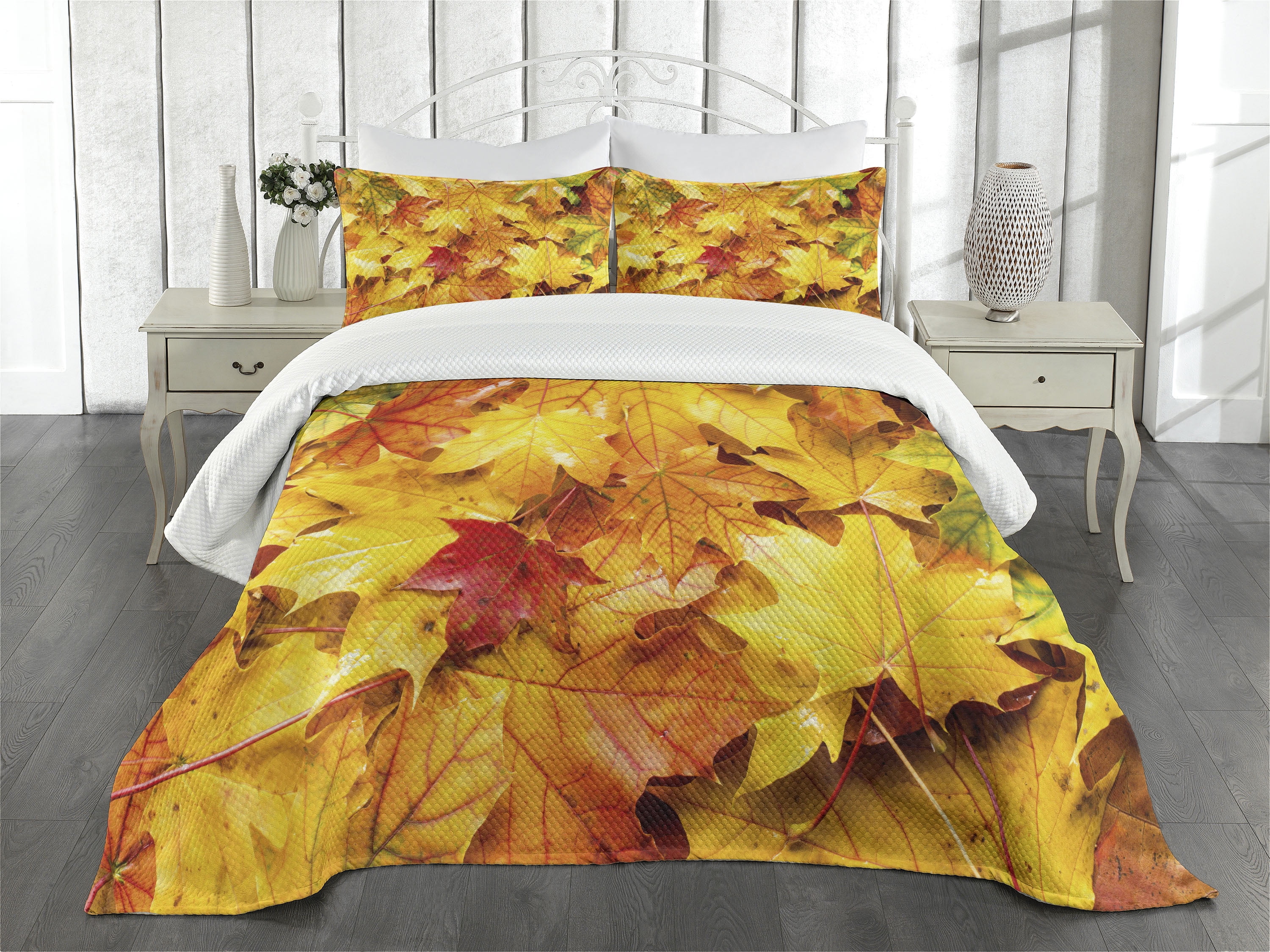 Ambesonne Fall Quilted Bedspread Set 3 Pcs, Wet Maple Leaves Nature ...