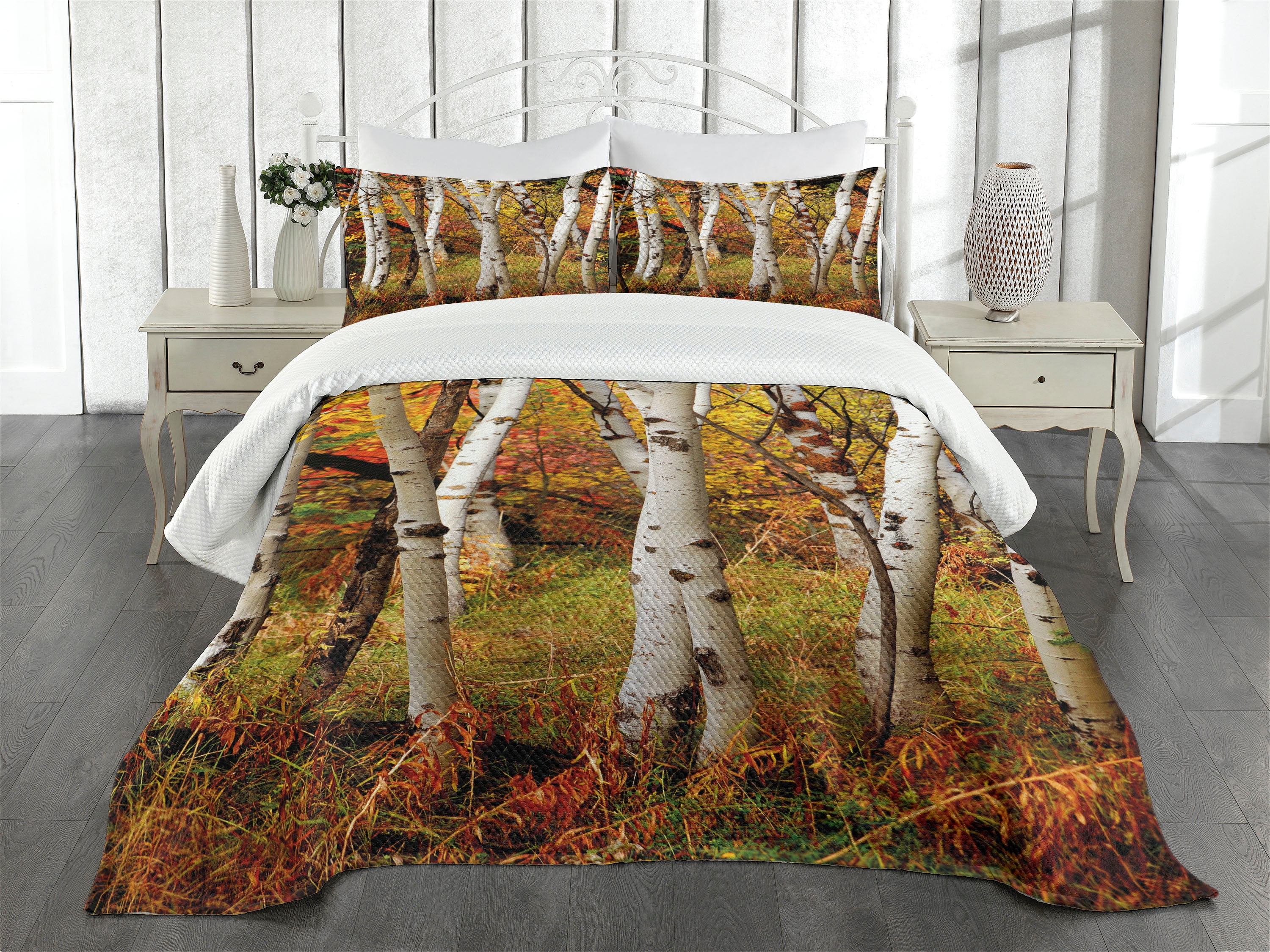 Ambesonne Fall Quilted Bedspread Set 3 Pcs, White Birch Trees Serenity ...