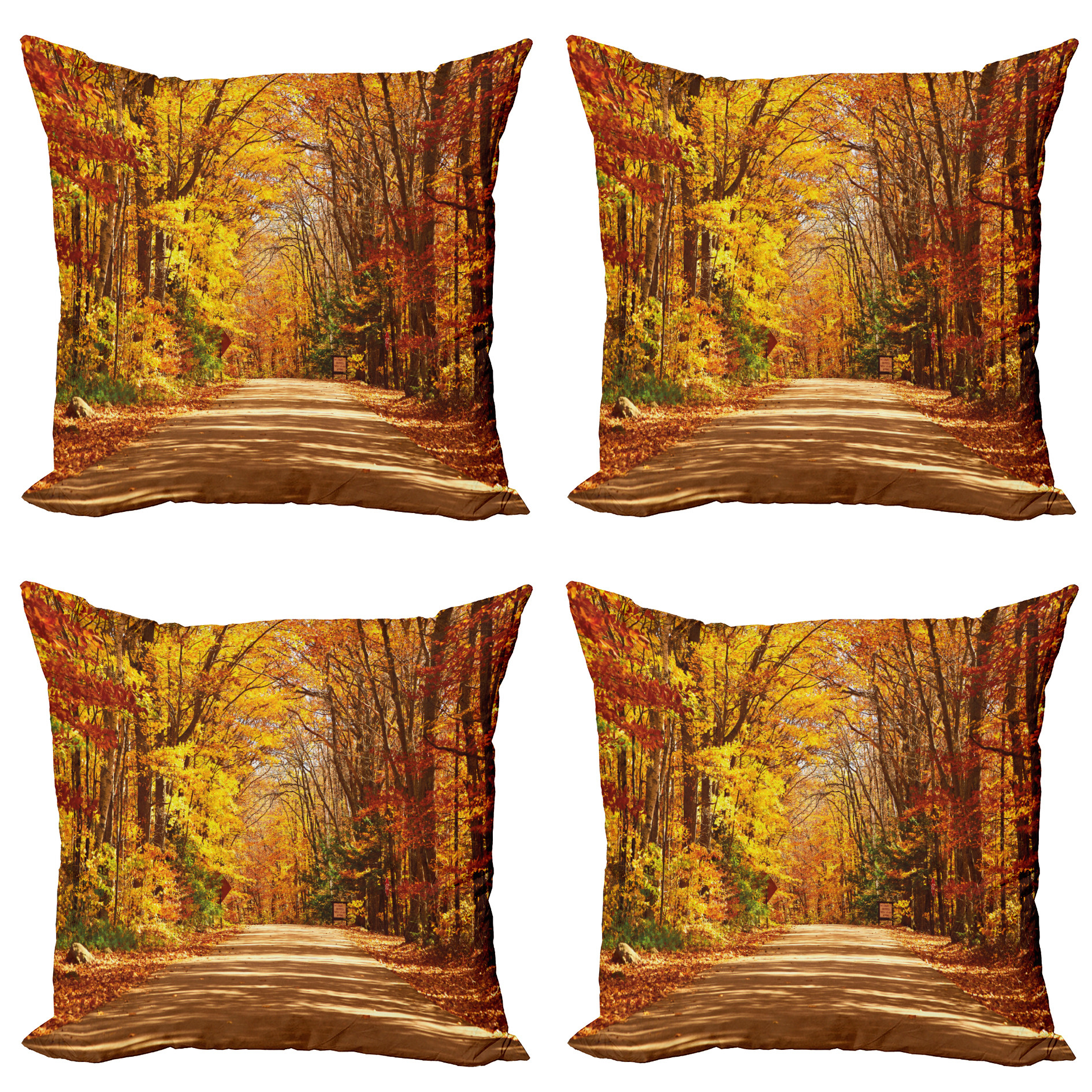 Ambesonne Fall Throw Pillow Cover 4 Pack, Scenic Outdoors Empty Road ...