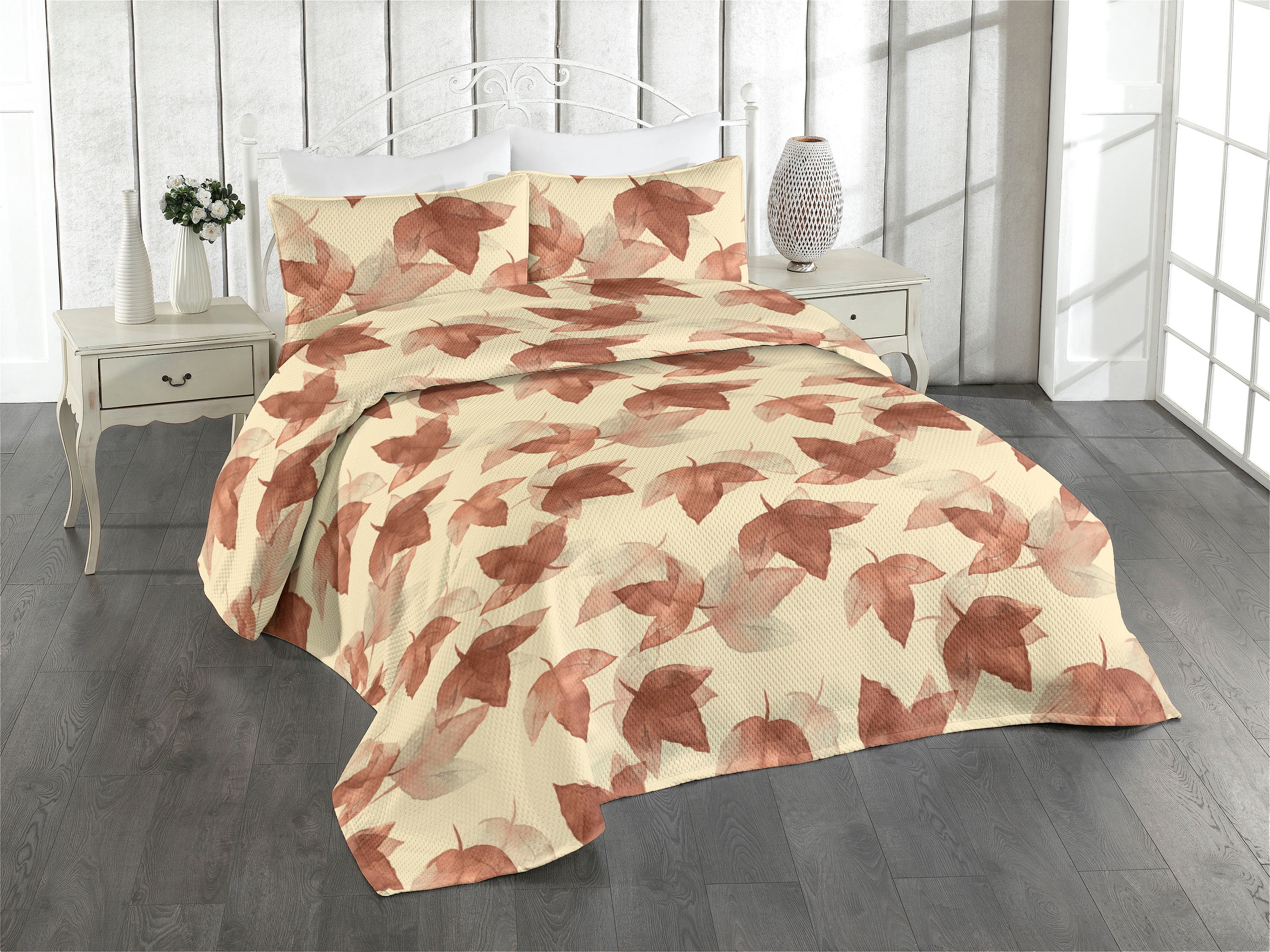 Ambesonne Falling Leaves Quilted Bedspread Set 3 Pcs, Romantic Leafy ...