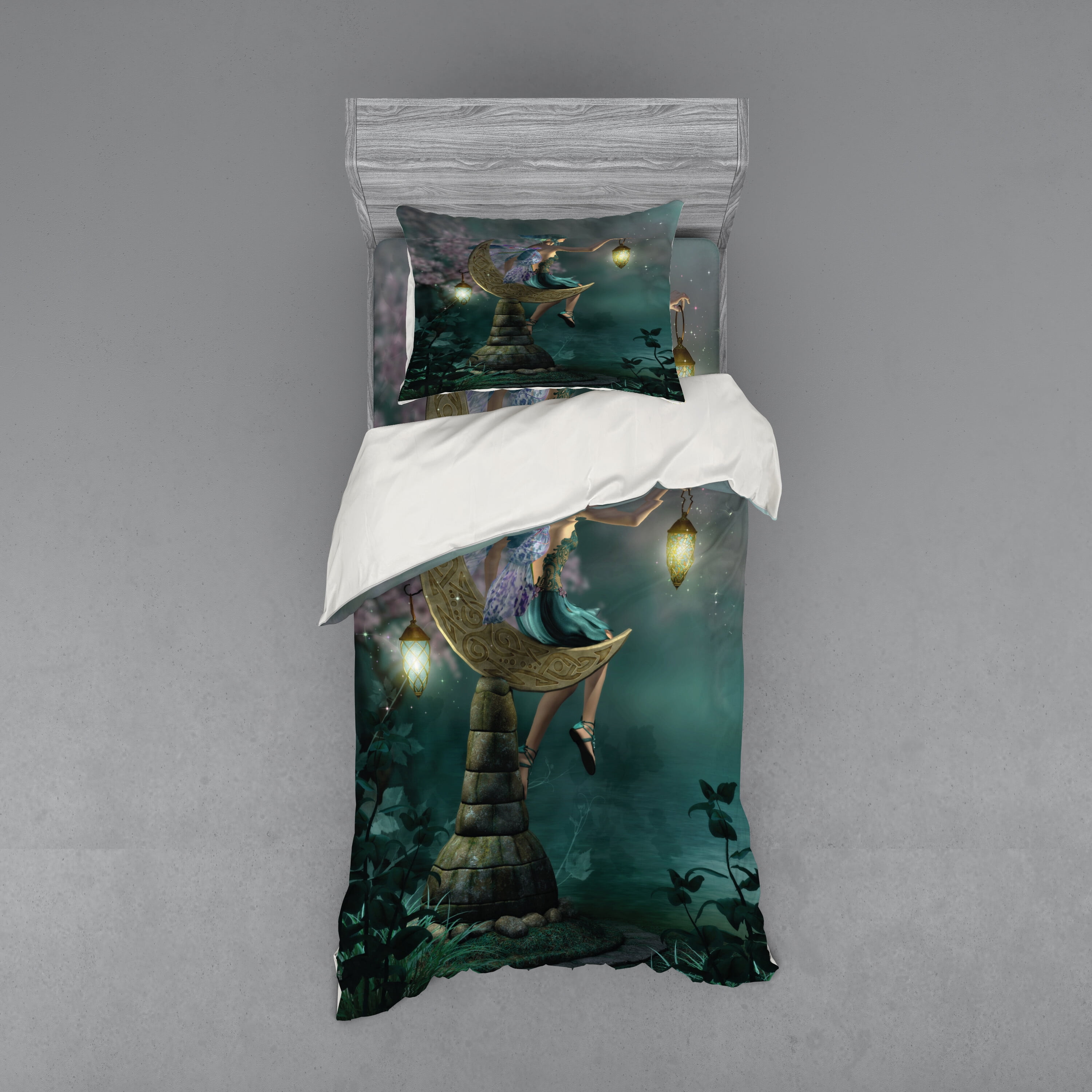 Ambesonne Fantasy Bedding Set 3 Pcs, Little Pixie in Forest Art, Twin ...