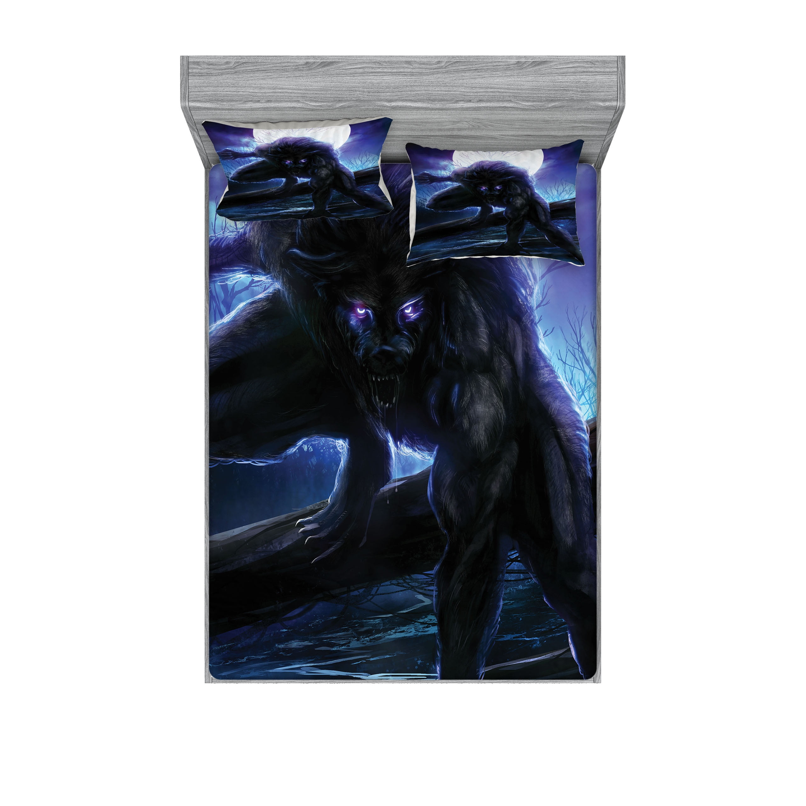 Ambesonne Fantasy Fitted Sheet & Pillow Sham Set, Surreal Werewolf Eyes ...